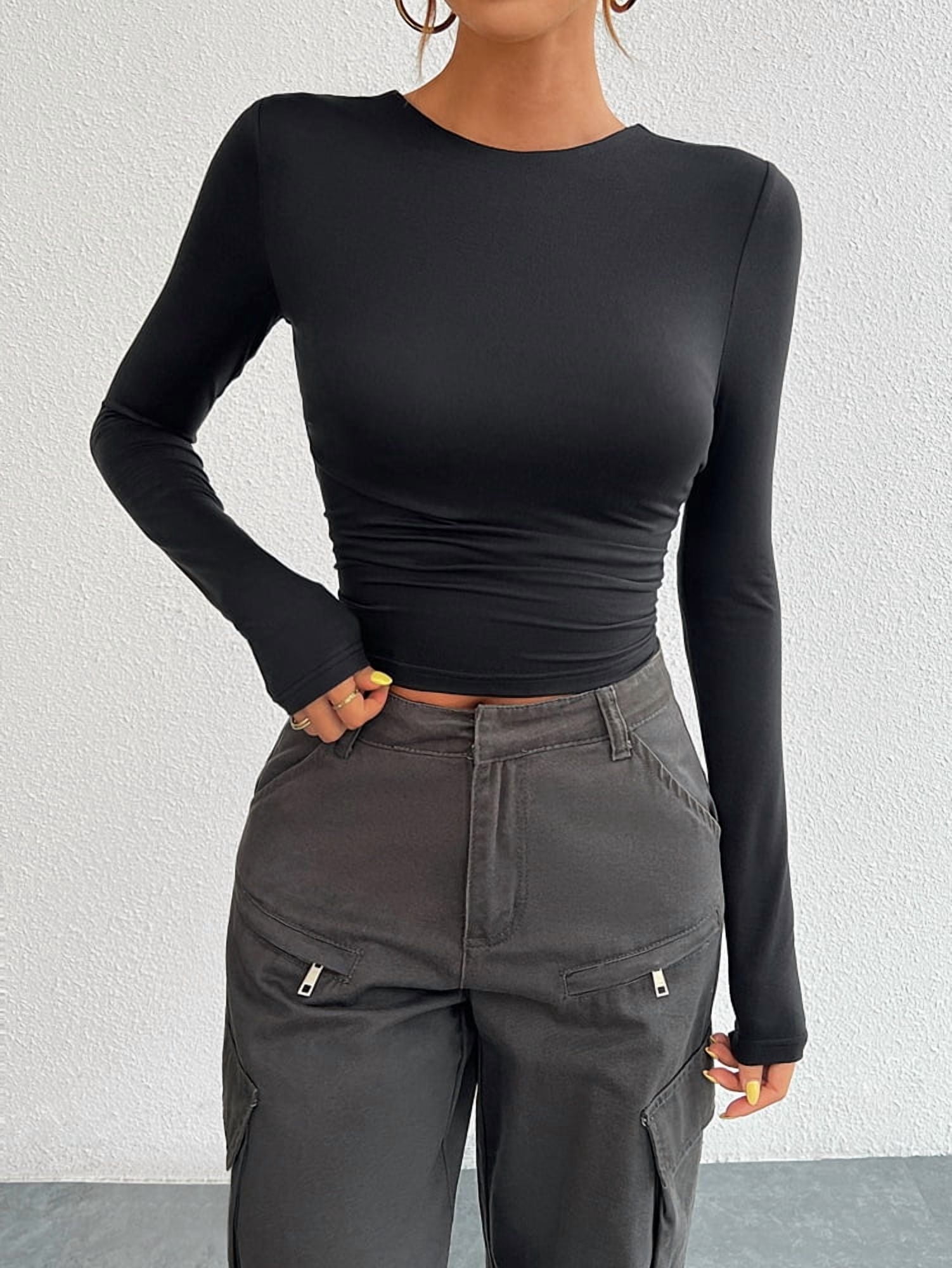 VICJERSEY Womens Y2K Long Sleeve Knit Top Crew Neck Backless Detail ...