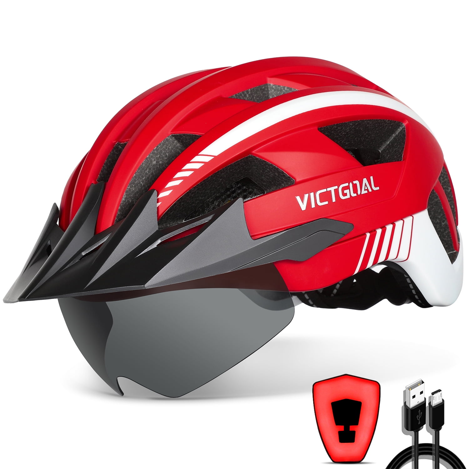 VICTGOAL Large Cool Cycle Helmet with Visor, Goggles & USB Rechargeable ...