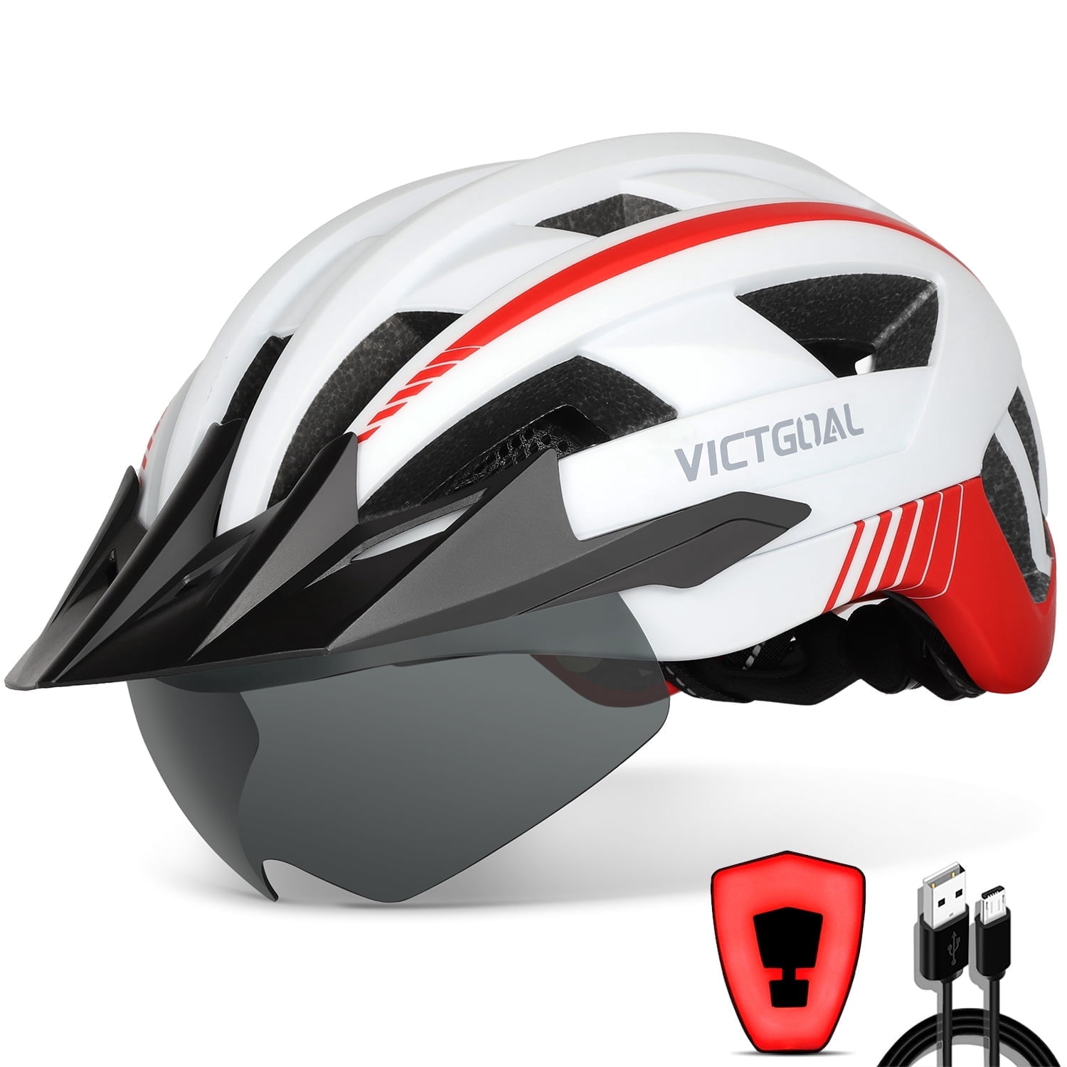 "VICTGOAL Bike Helmet, USB Light, Visor, Goggles, Adult Men Women, 22.4 ...