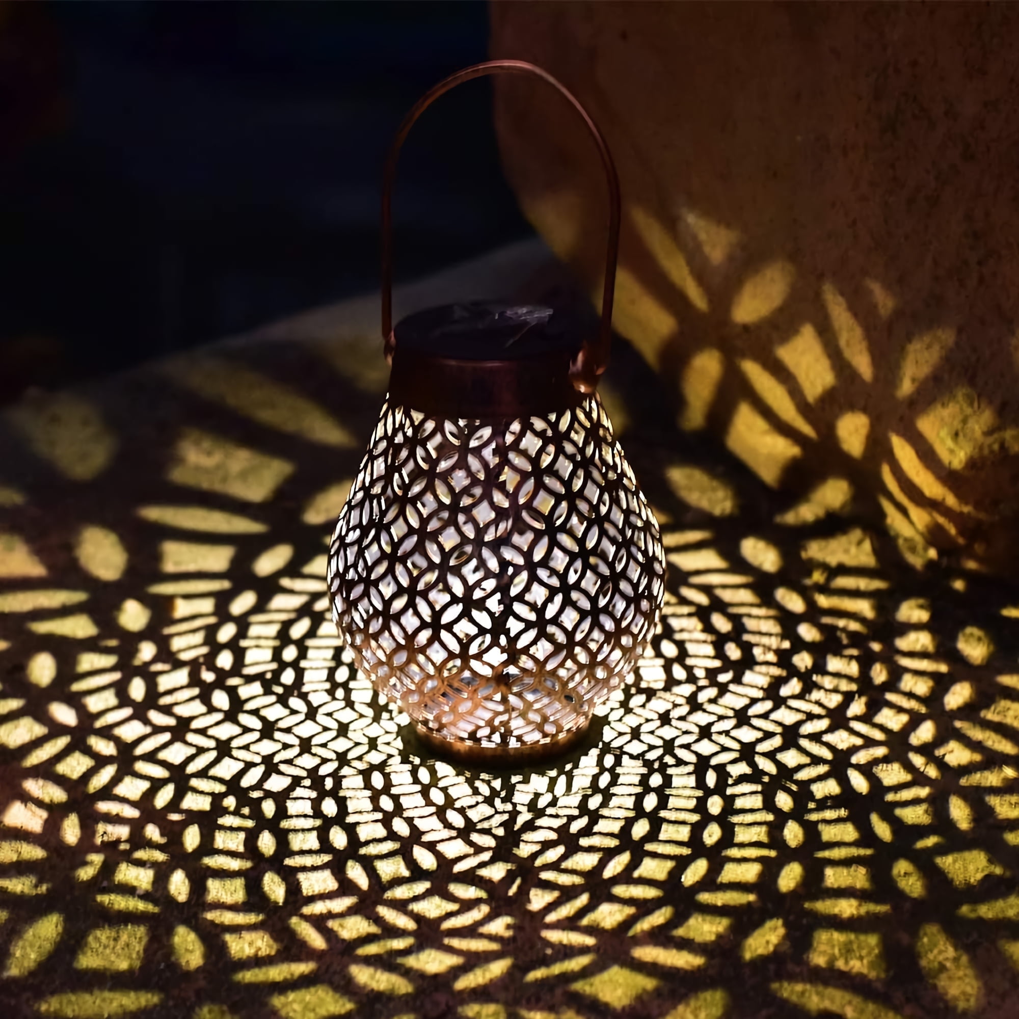 VIEROLA Metal Solar Lantern with LED Lights, 6.3" Bronze Hollow Outdoor ...