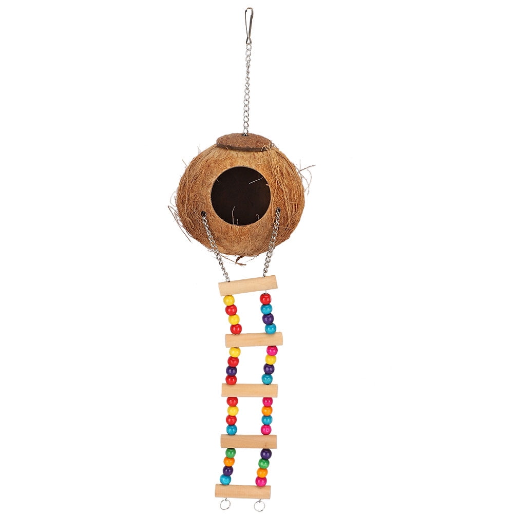 VIFER Birds Nest Coconut Husk Parrot Birds Nest Swing Bed Cave Toys with Ladder Natural Happy ...