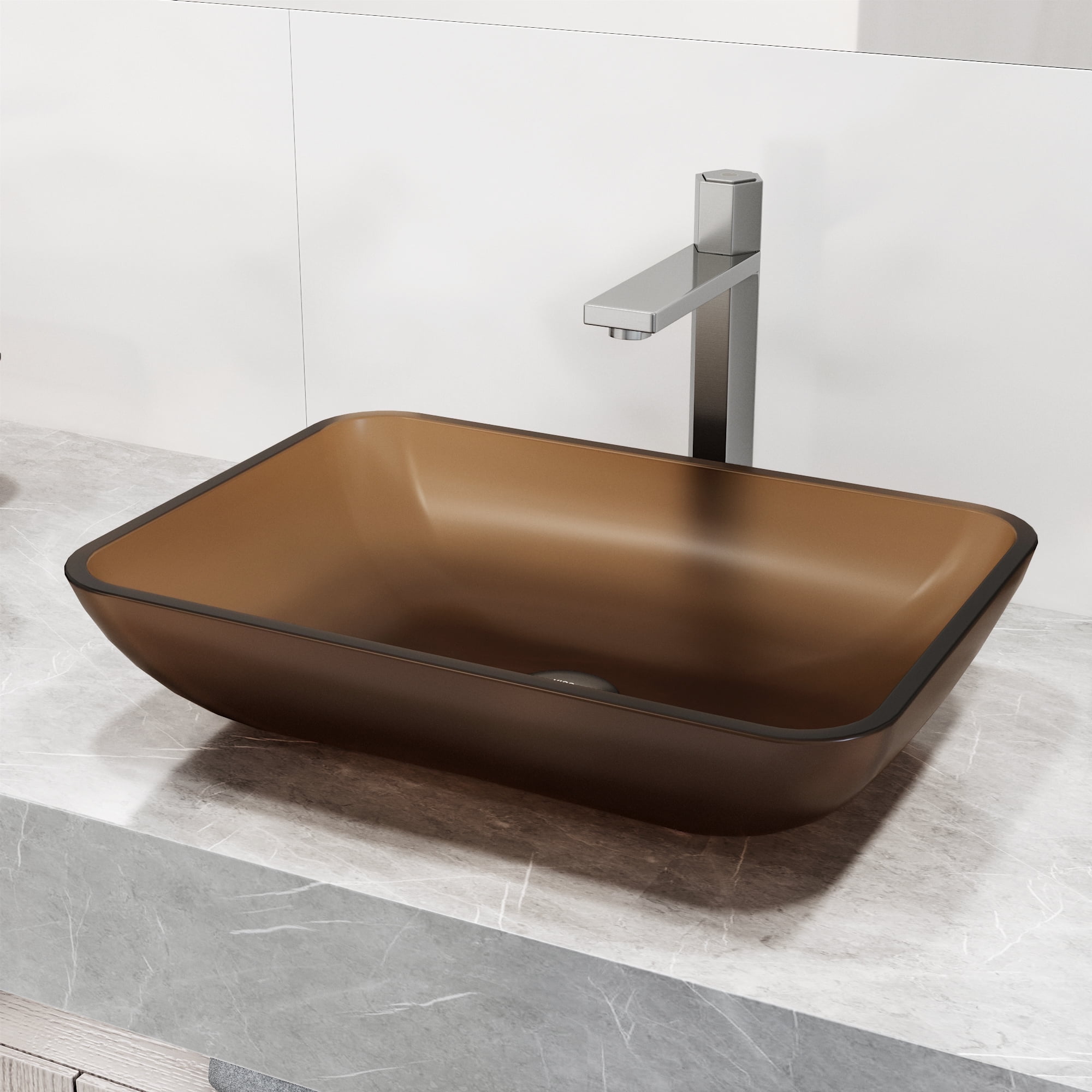 VIGO Amber Sottile Matte Shell Rectangular Glass Bathroom Vessel Sink with Nova Faucet and Pop ...
