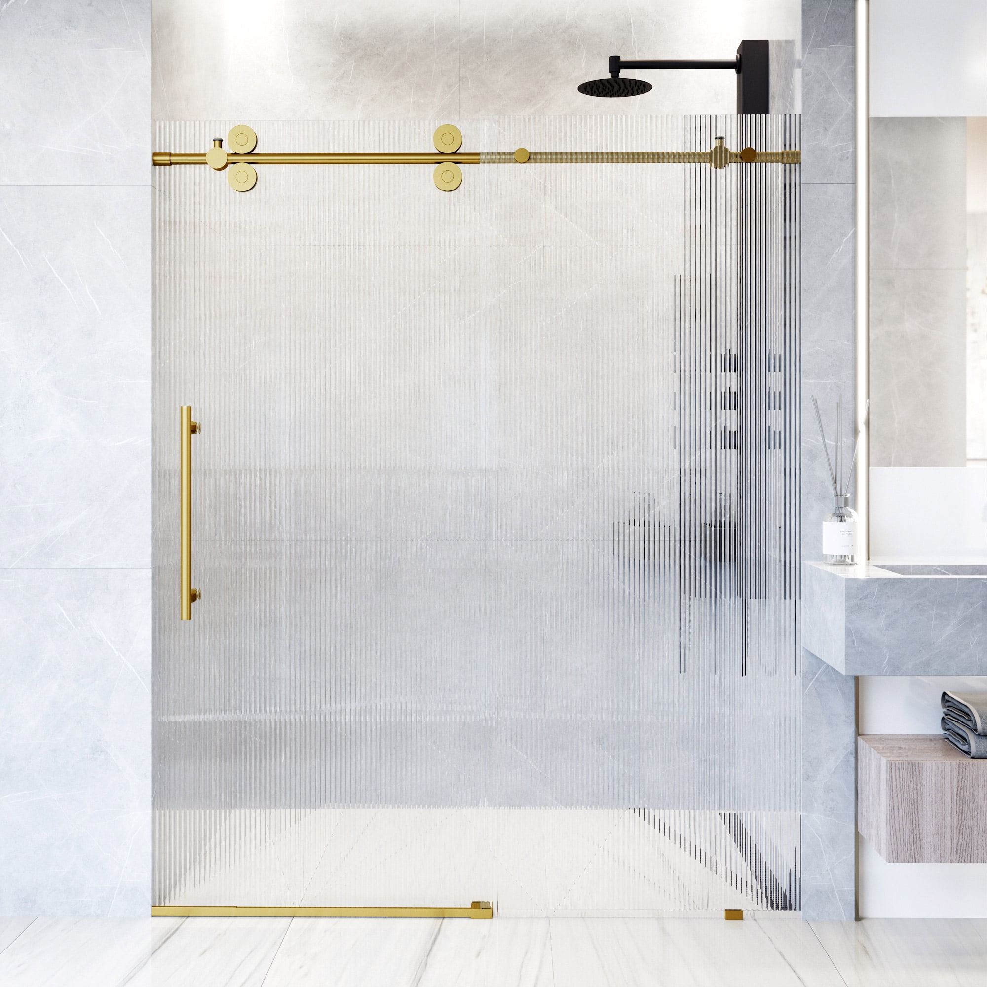 VIGO Elan 56 to 60 in. W x 74 in. H Sliding Frameless Shower Door in Matte Brushed Gold with 3/8 ...
