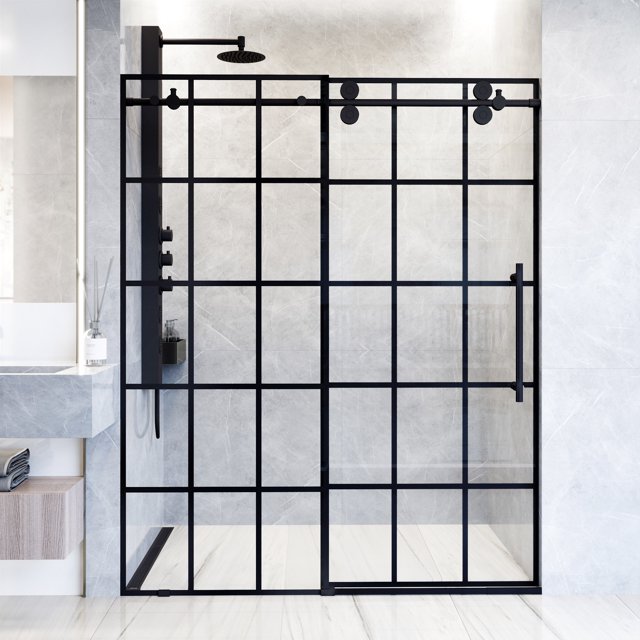 VIGO Elan 68 to 72 in. W x 74 in. H Sliding Frameless Shower Door in Matte Black with 3/8 in ...