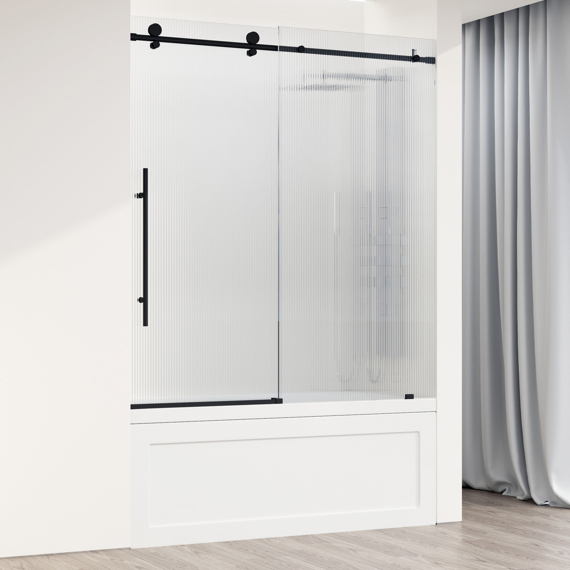 VIGO Elan E-Class 56 to 60 in. W x 66 in. H Sliding Frameless Tub Door in Matte Black with 3/8 ...