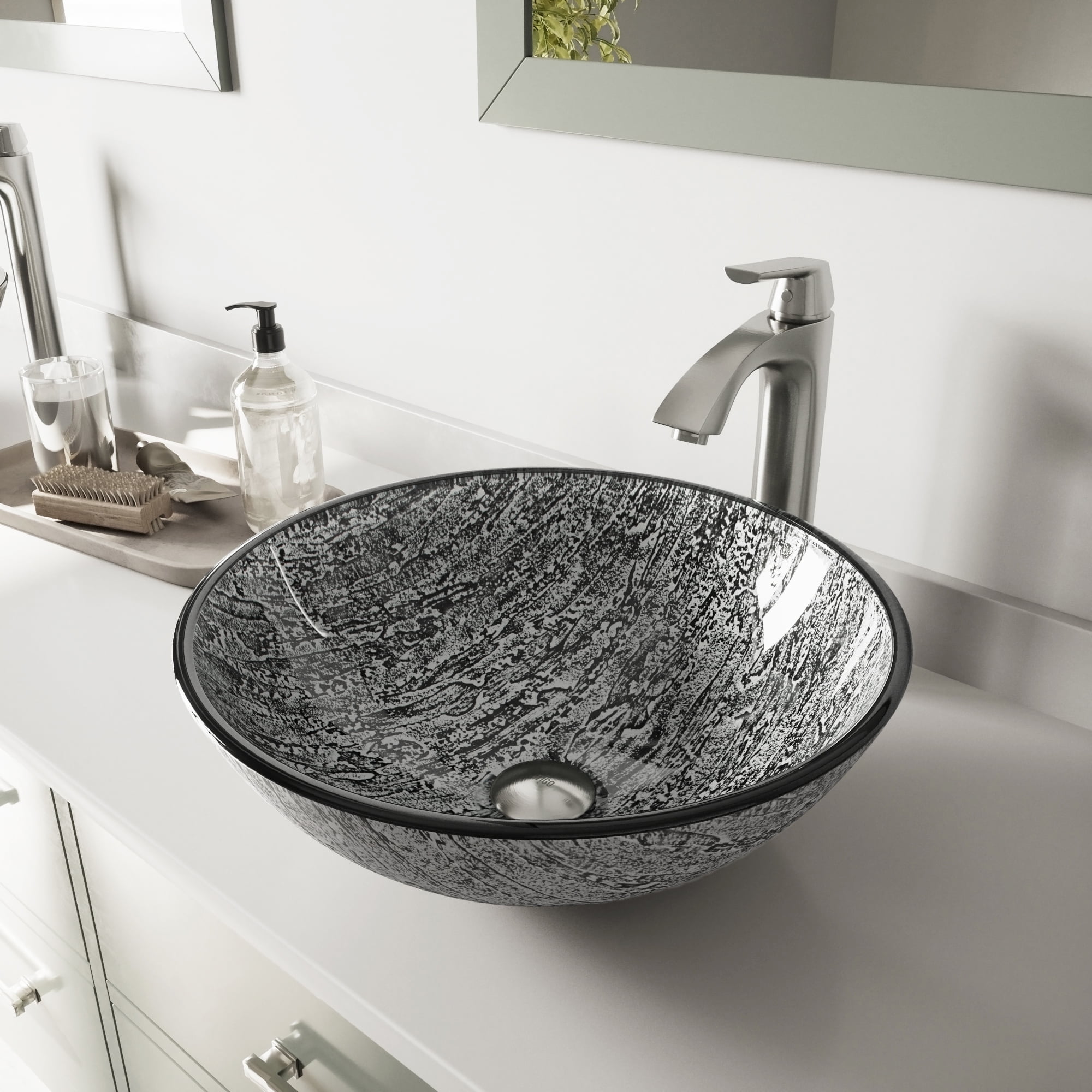 VIGO Glass Round Vessel Bathroom Sink in Titanium Gray with Linus ...