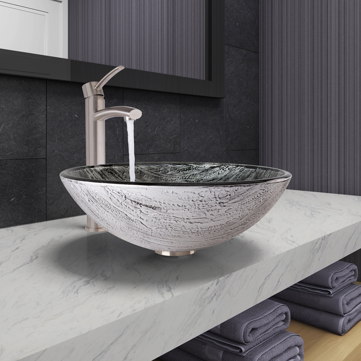 VIGO Glass Round Vessel Bathroom Sink in Titanium Gray with Milo Faucet ...