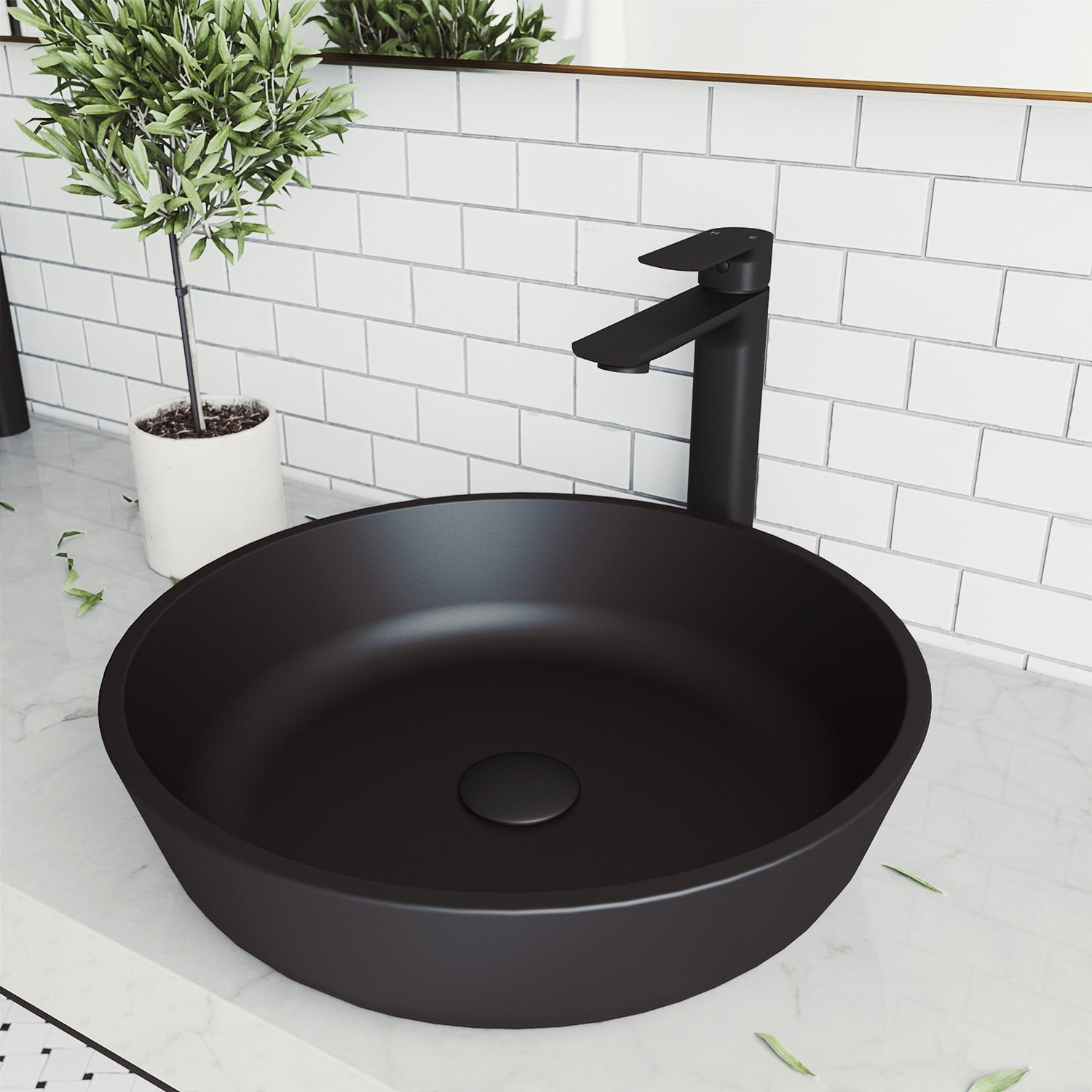 VIGO Matte Shell Modus Glass Round Vessel Bathroom Sink in Black with ...