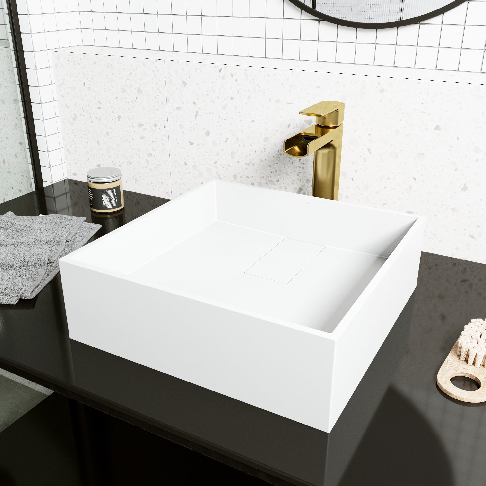 VIGO Matte Stone Bryant Composite Square Vessel Bathroom Sink in White ...