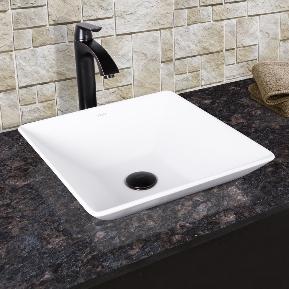 VIGO Hibiscus White Vessel Bathroom Sink Set with Linus Faucet ...