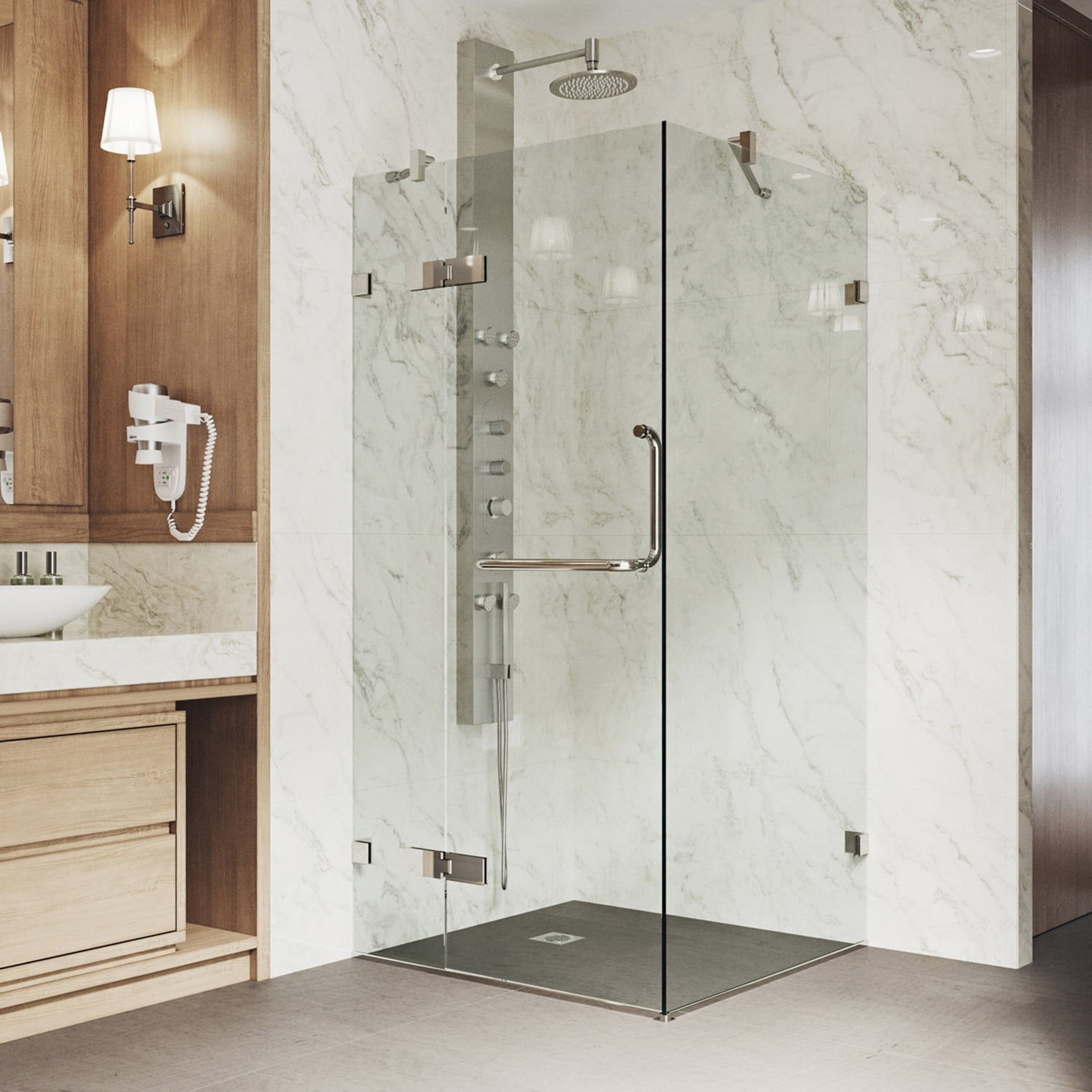 VIGO Monteray 30 in. L x 30 in. W x 73 in. H Frameless Hinged Square Shower Enclosure in Brushed ...