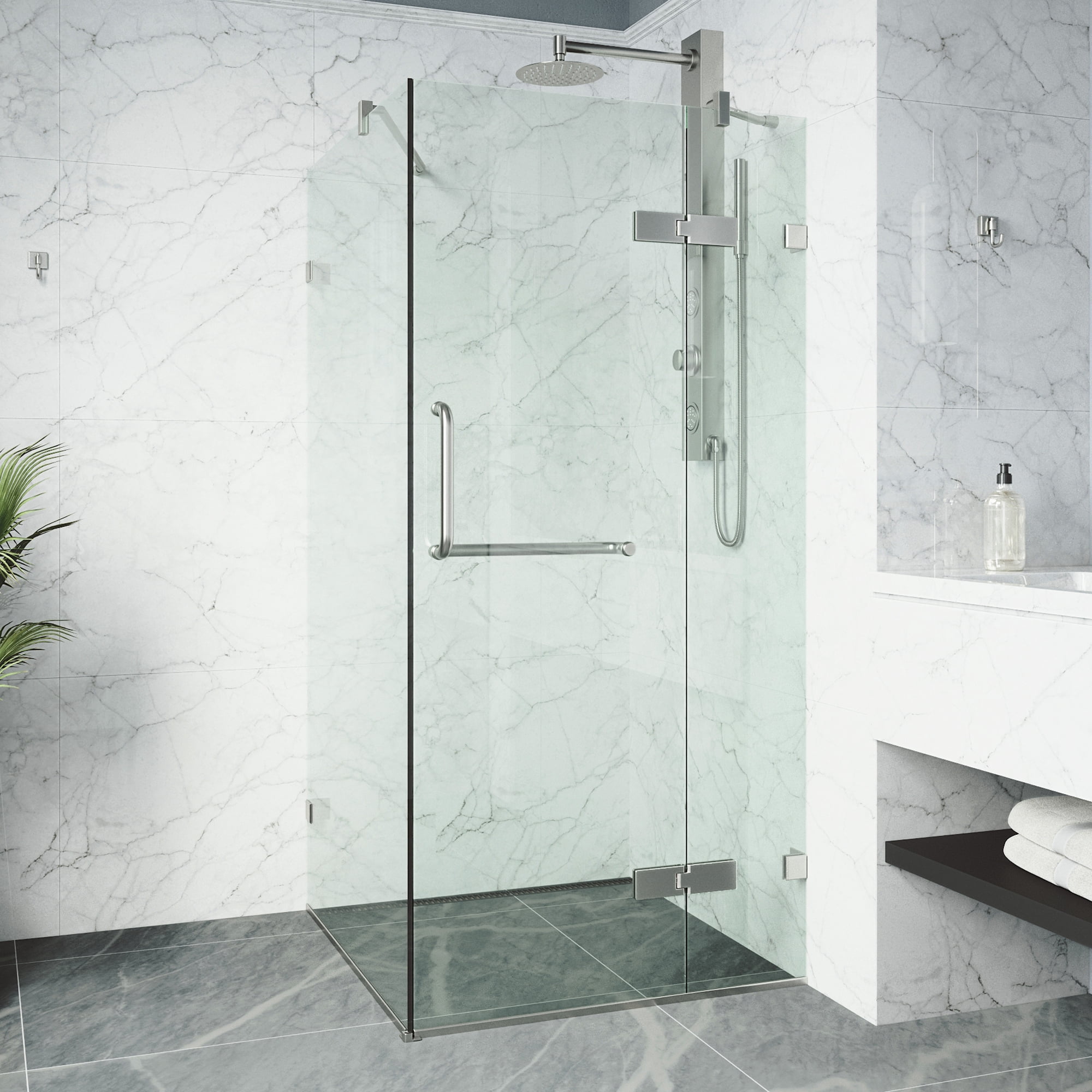 VIGO Monteray 34"D x 46"W x 73"H Frameless Hinged Shower Enclosure Brushed Nickel Nickel Finish ...