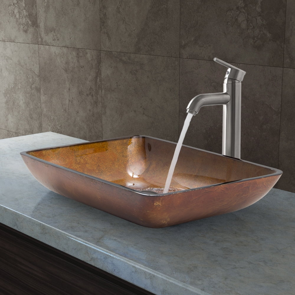 VIGO Rectangular Russet Glass Vessel Sink and Faucet Set in Brushed ...