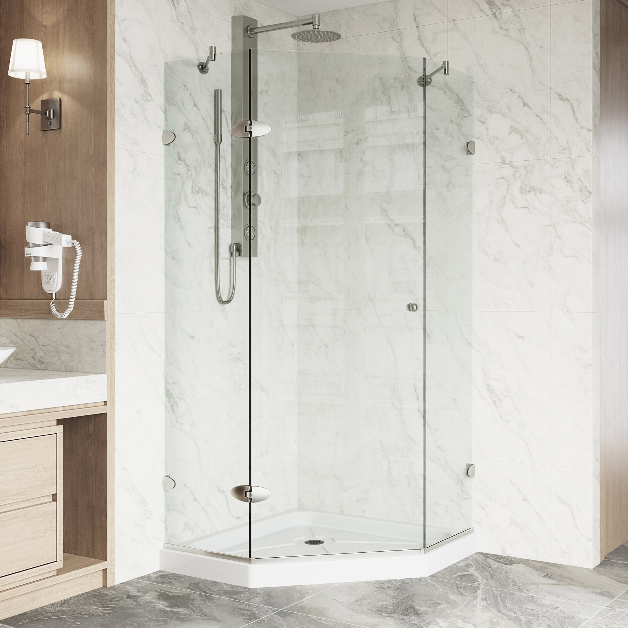 VIGO Verona 36 in. L x 36 in. W x 77 in. H Frameless Hinged Neo-angle Shower Enclosure Kit in ...