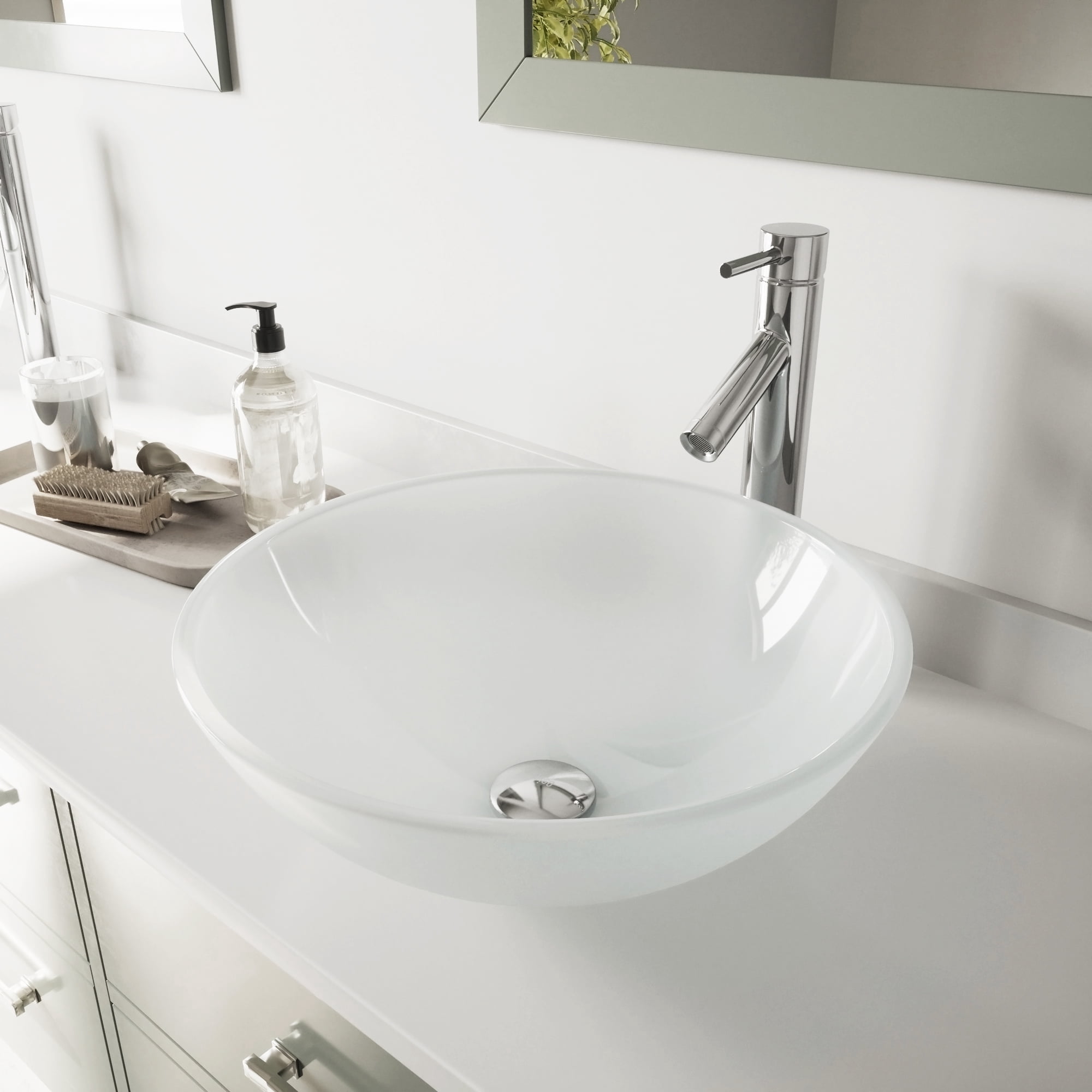 VIGO White Frost Glass Round Vessel Bathroom Sink with Dior Faucet and ...