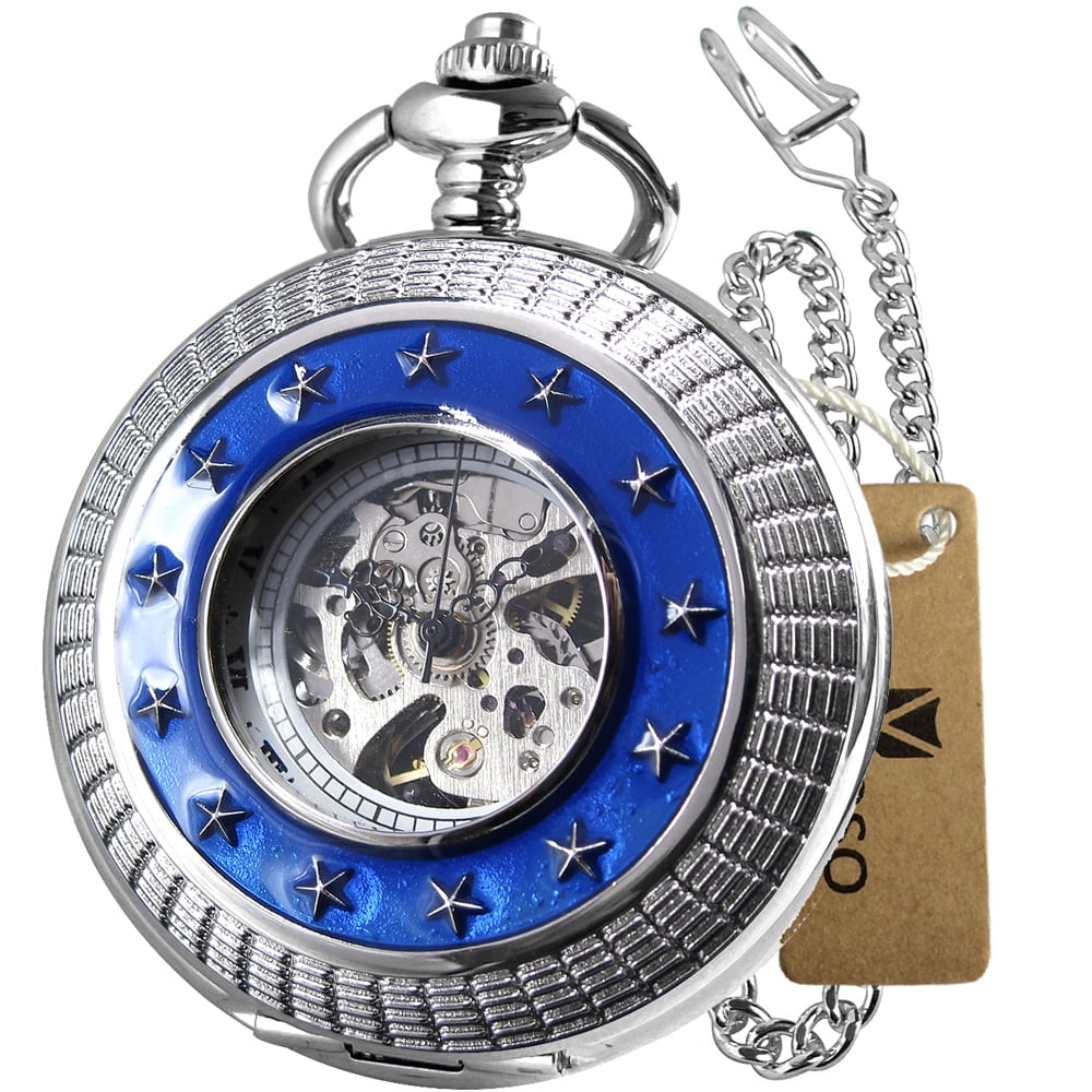 VIGOROSO Mechanical Wind up Men Pocket Watch Silver Steel Blue Star ...