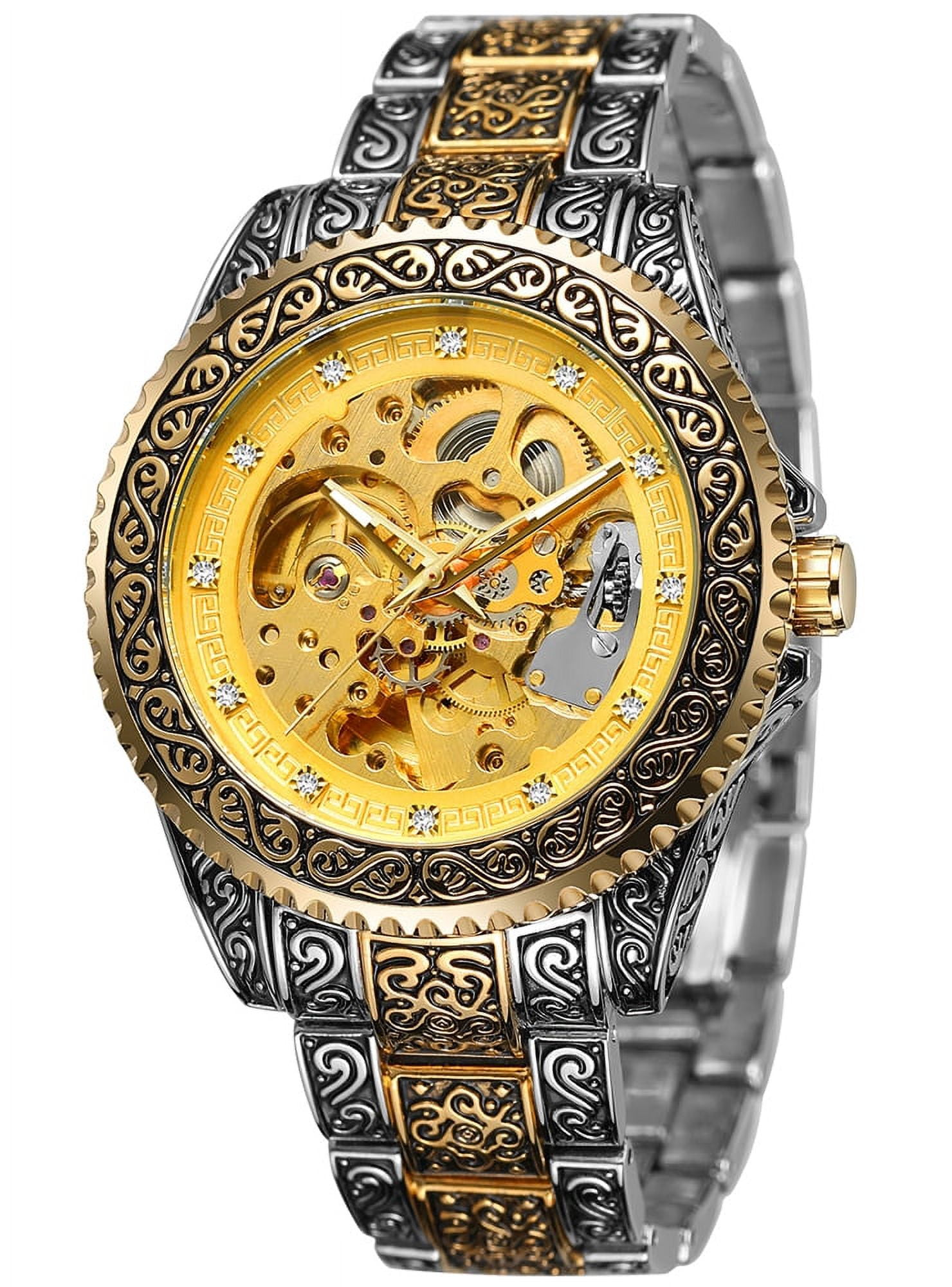 VIGOROSO Mens Mechanical Automatic Watch Vintage Carving Skeleton ...