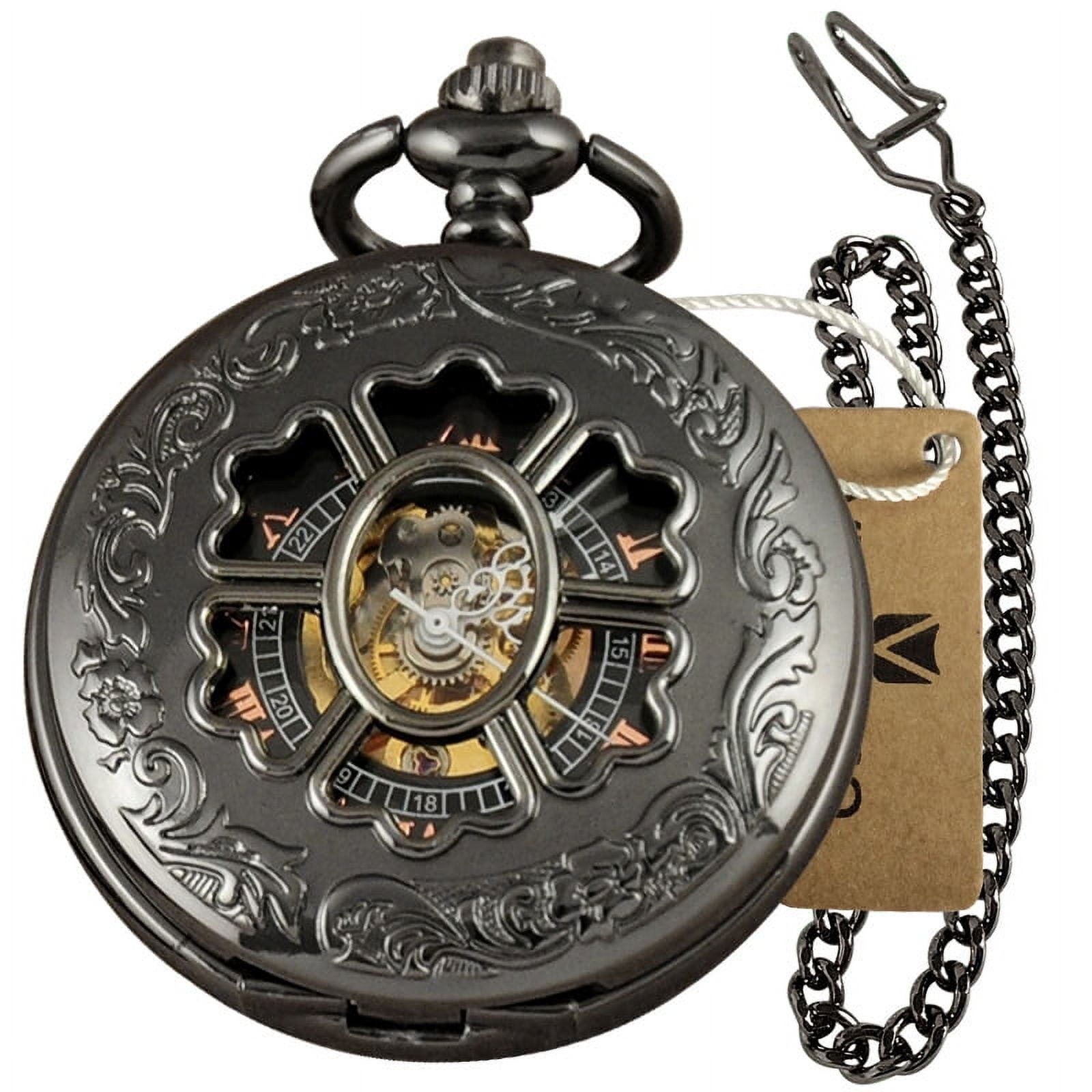 VIGOROSO Mens Pocket Watch Mechanical Hand-winding Movement Black Steel ...