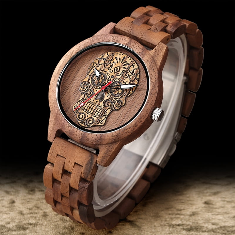 VIGOROSO Natural Wooden Watches Mens Quartz Full Wood Watch Skull Dial ...