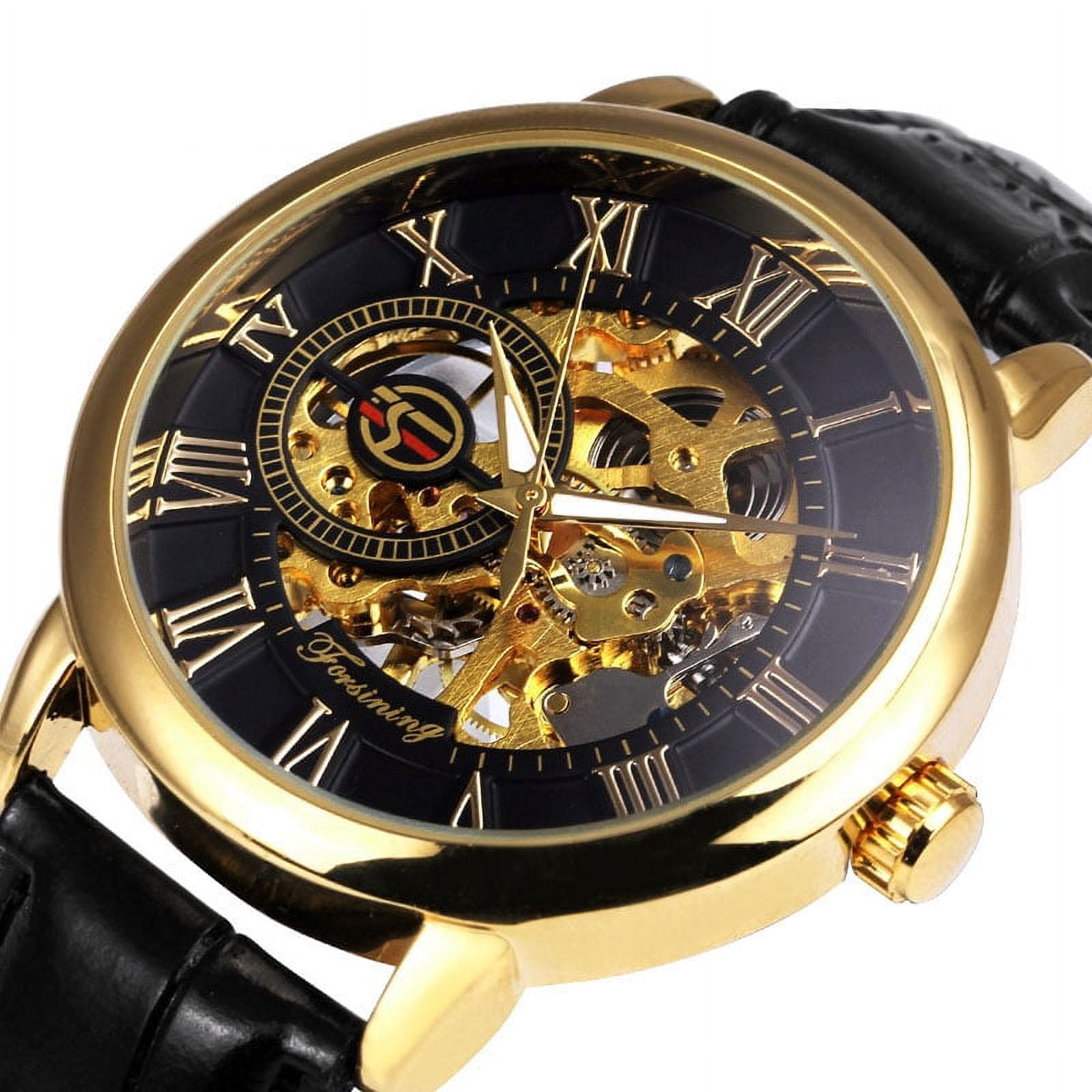 VIGOROSO Skeleton Fashion Leather Strap Men See Through Mechanical ...