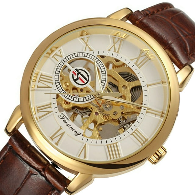 VIGOROSO Skeleton Fashion Leather Strap Men See Through Mechanical ...