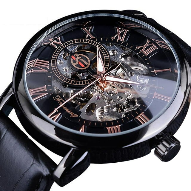 VIGOROSO Skeleton Fashion Leather Strap Men See Through Mechanical ...