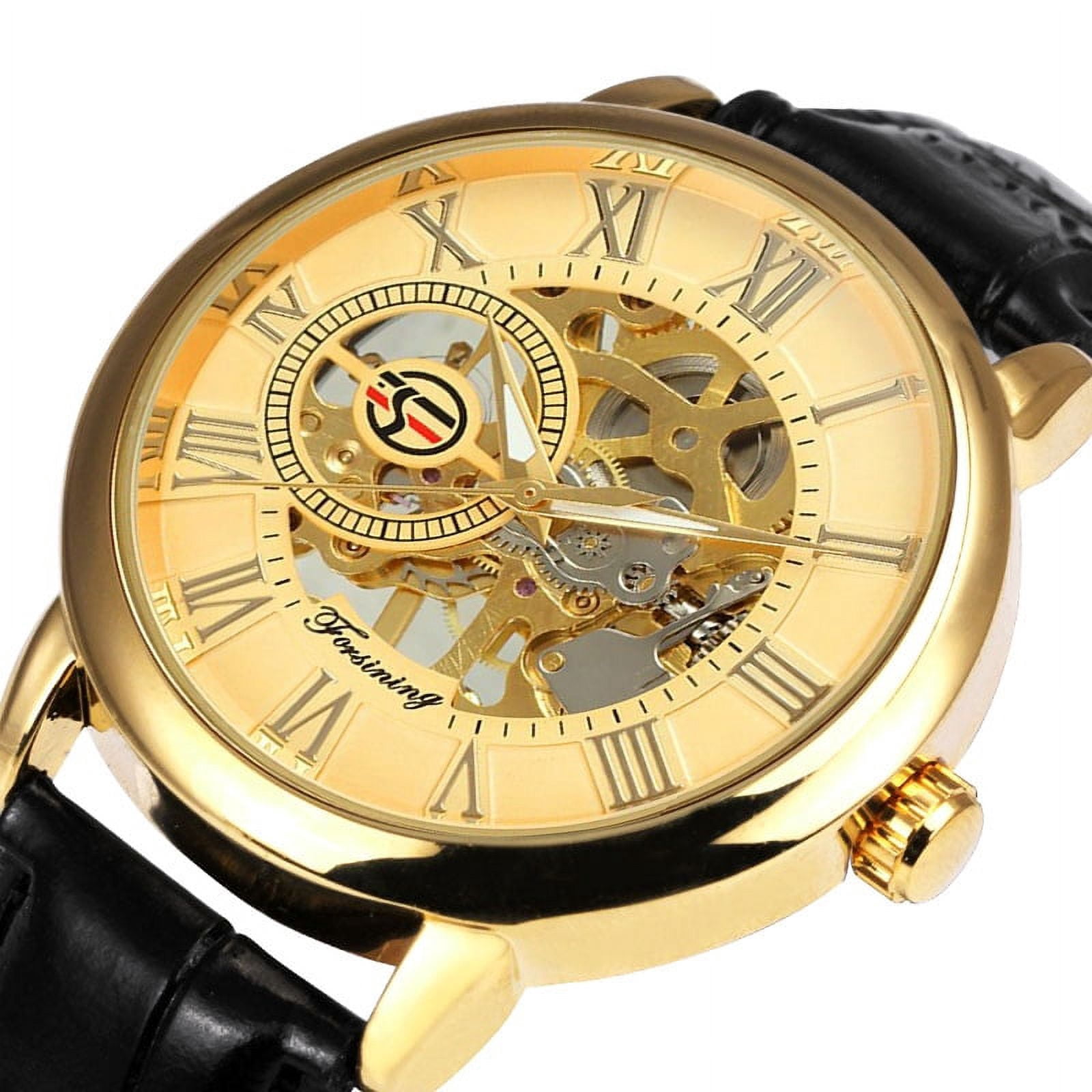 VIGOROSO Skeleton Fashion Leather Strap Men See Through Mechanical ...