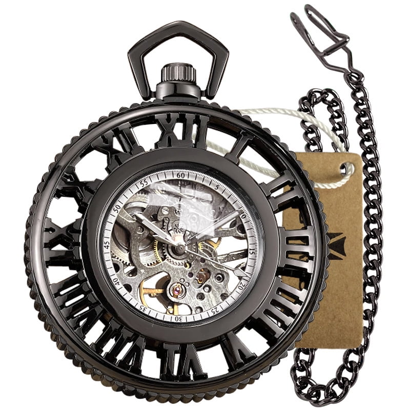 VIGOROSO Steampunk Mechanical Fob Pocket Watch Black Steel Skeleton ...