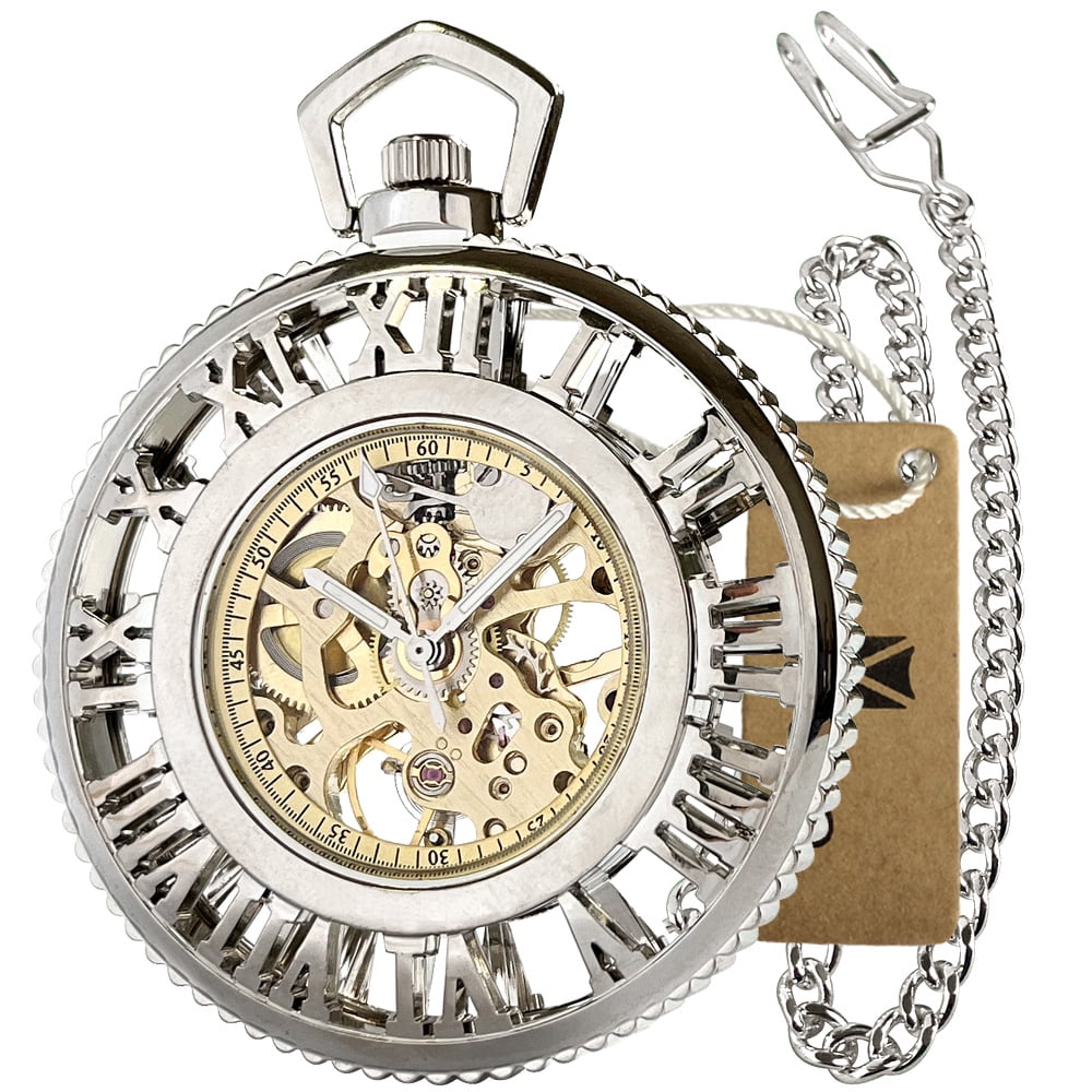 VIGOROSO Steampunk Mechanical Fob Pocket Watch Skeleton Roman Numerals ...