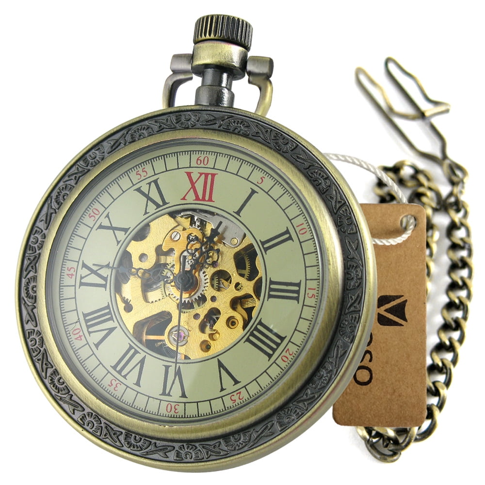 VIGOROSO Vintage Mechanical Pocket Watch Roman Numerals Open Face Wind ...
