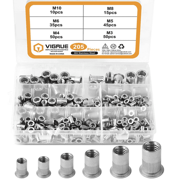 VIGRUE 205PCS Hardware Metal 304 Stainless Steel Rivet Nut Set, Flat Head Threaded Insert ...