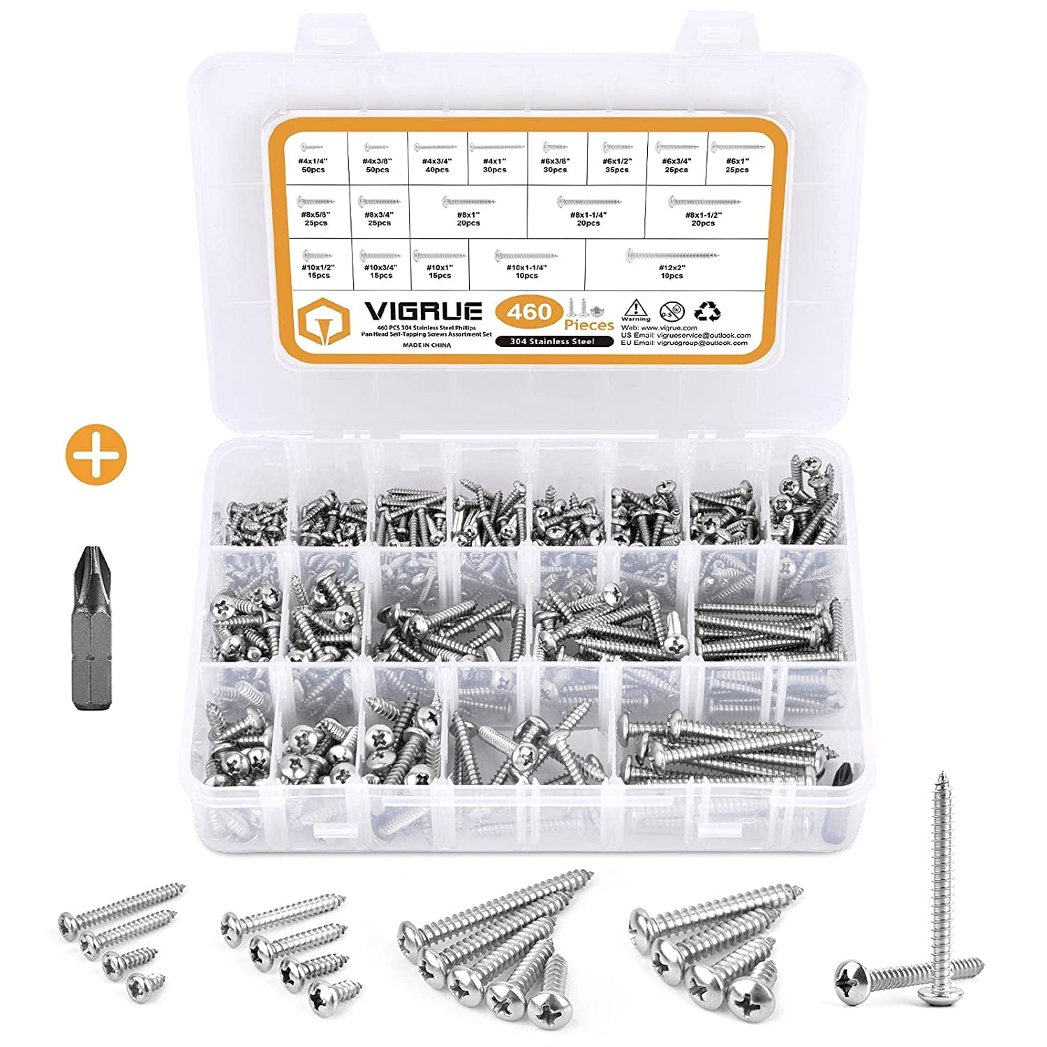 Vigrue 460pcs Pan Head Phillips Wood Screws, 304 Stainless Steel, Self ...