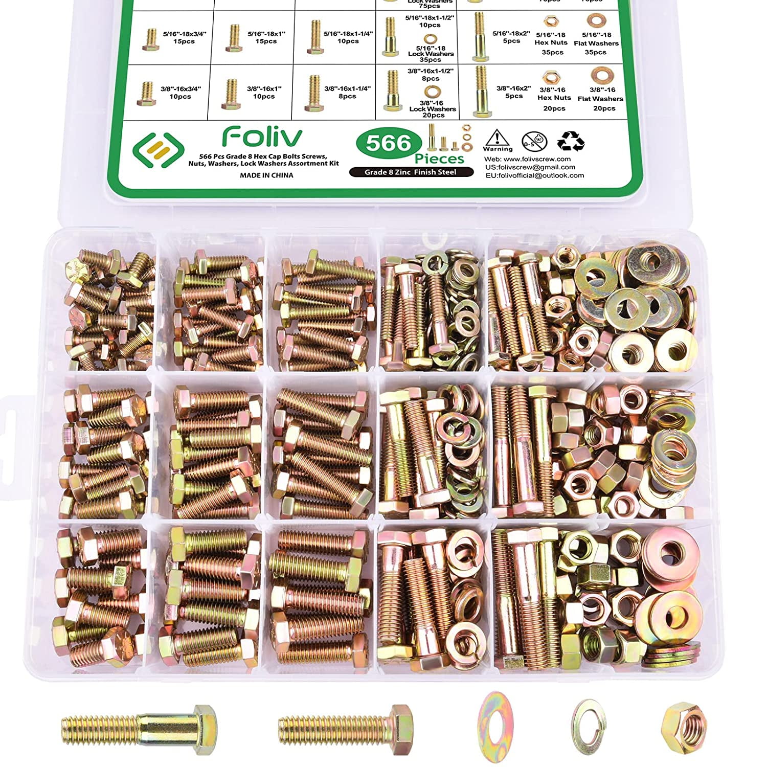 VIGRUE 566Pcs Heavy Duty Bolts and Nuts Assortment Kit, Grade 8 Hex ...