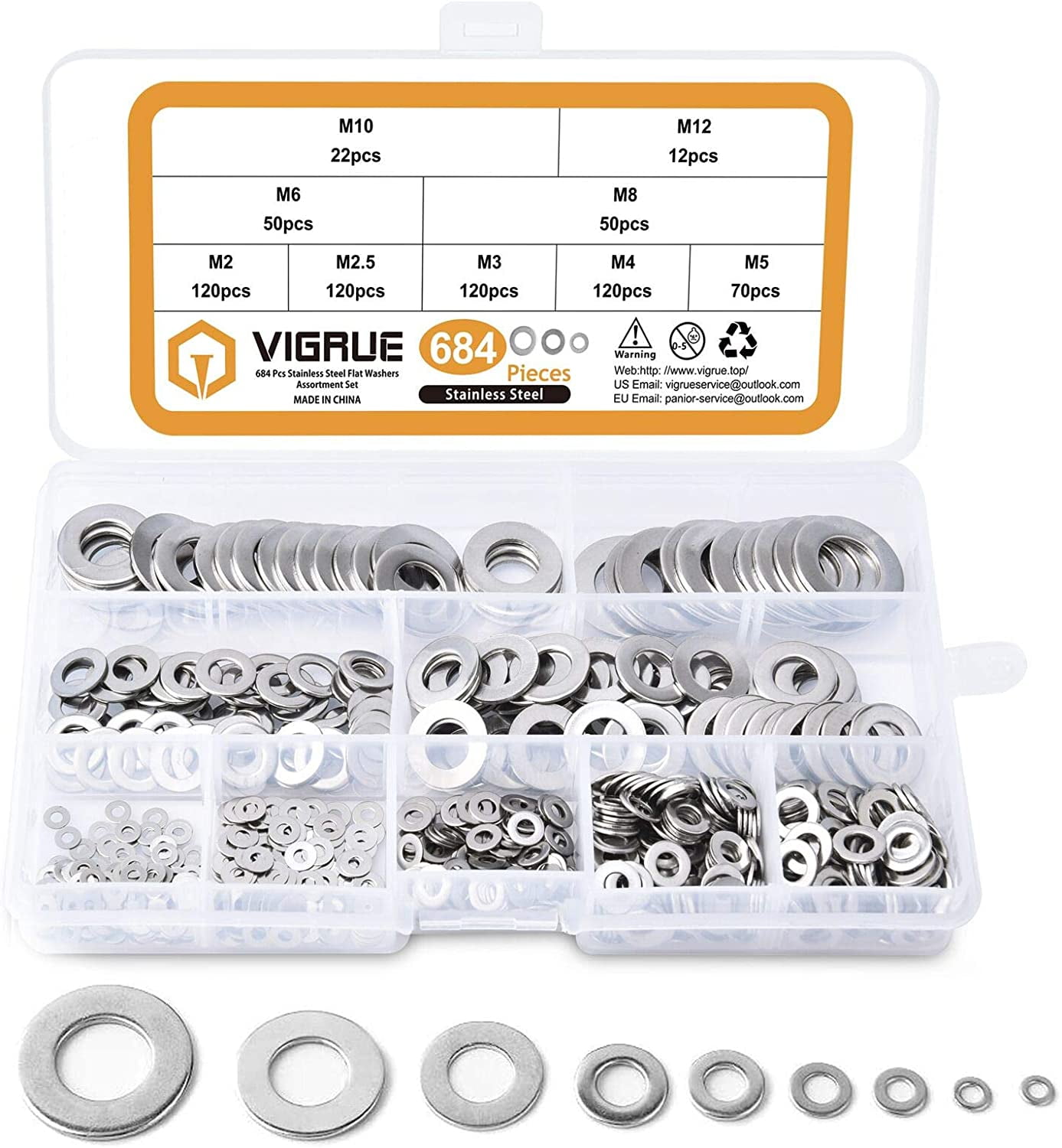 VIGRUE Large Assortment 684 PCS 304 Stainless Steel Flat Washer Kit, M2 ...