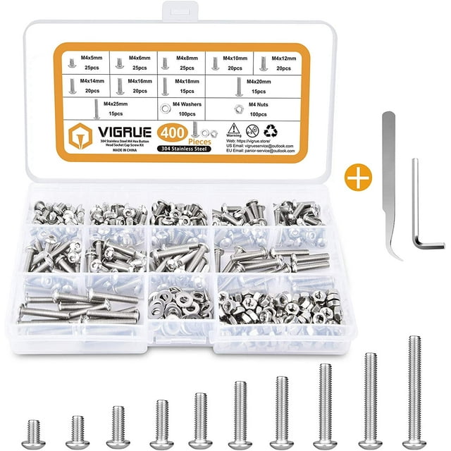 VIGRUE 304 Stainless Steel M4 Hex Button Head Socket Cap Screws Nuts Washers 400pcs, Hardware ...