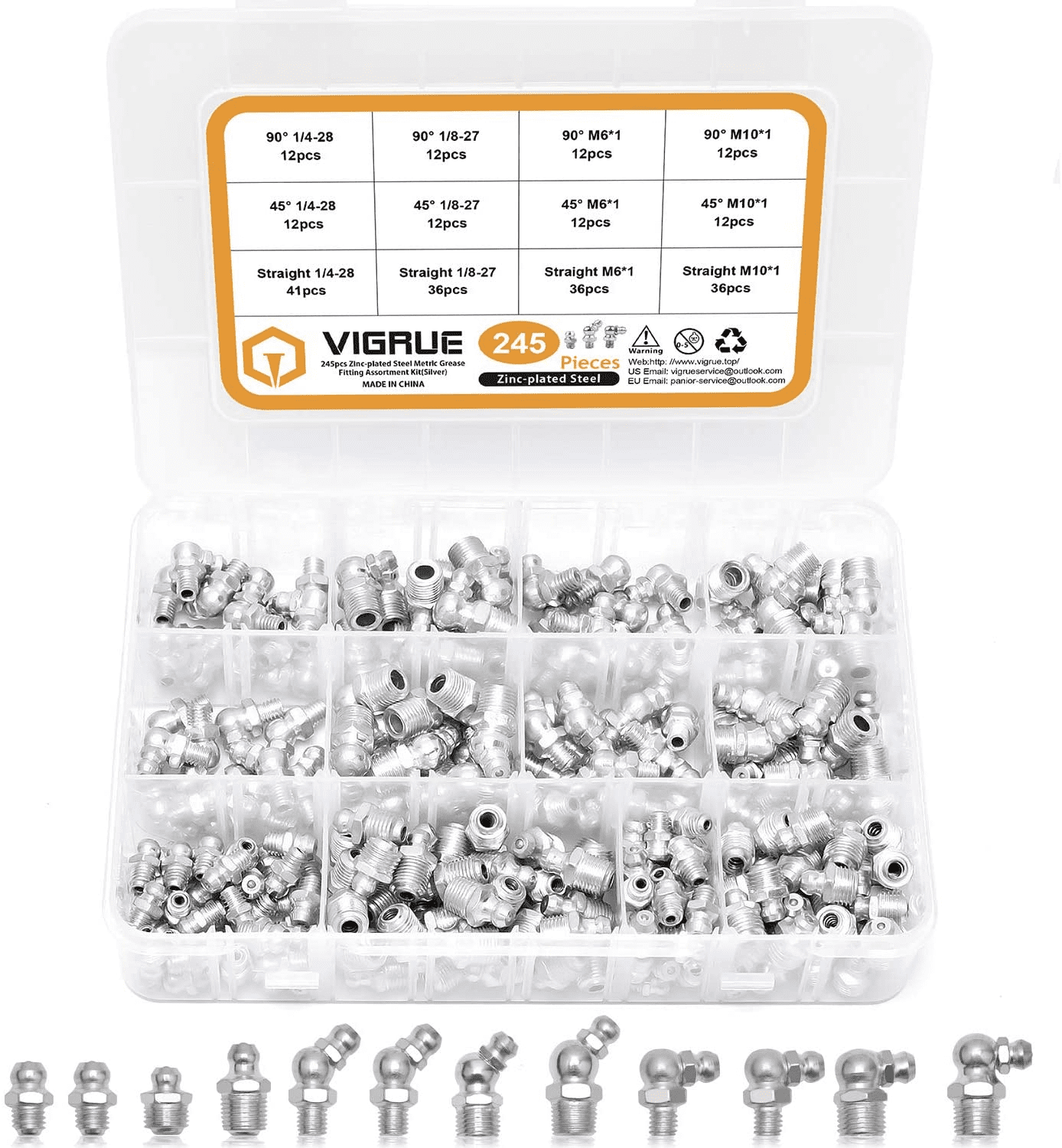 VIGRUE Grease Fittings, 245 Pieces SAE & Metric Grease Fitting ...