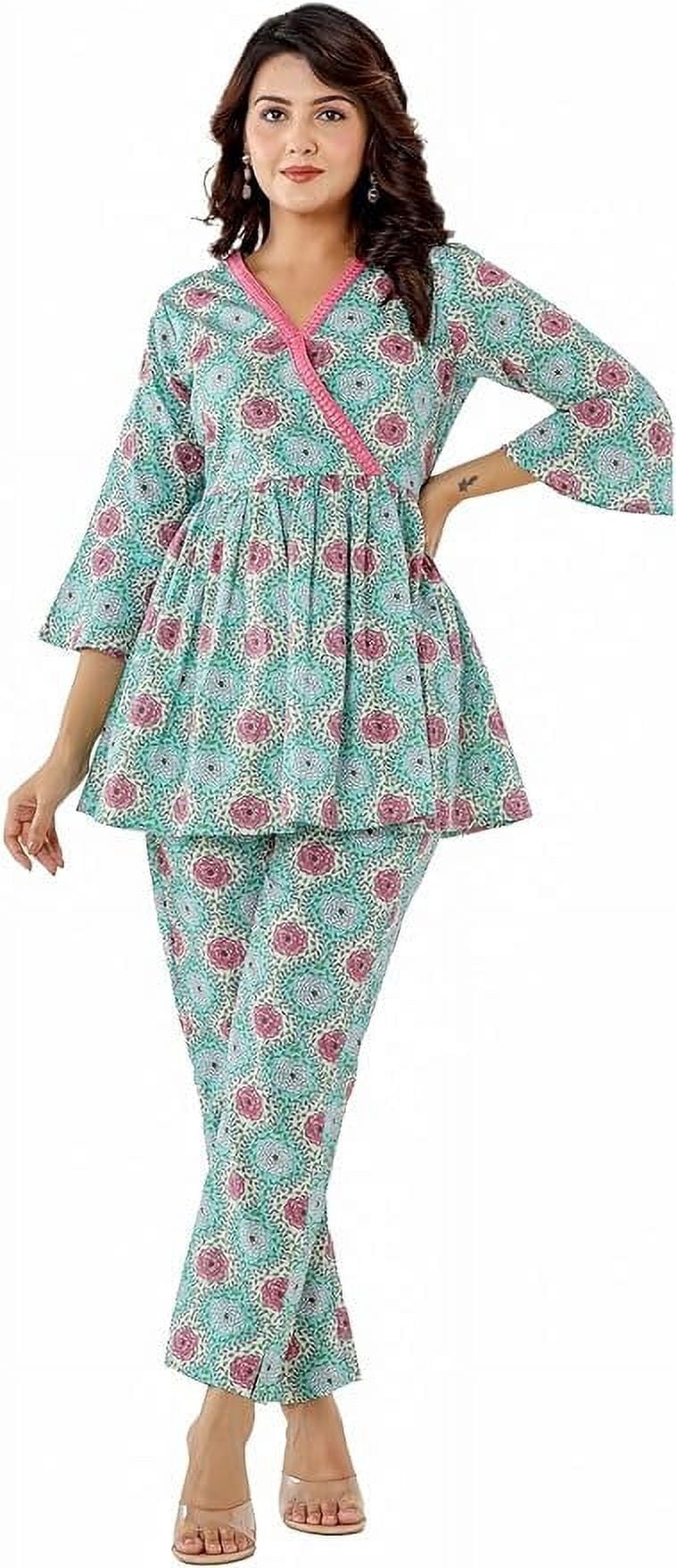 VIHAAN IMPEX Blue Cotton Printed Pink Floral Co-Ord Set For Women ...