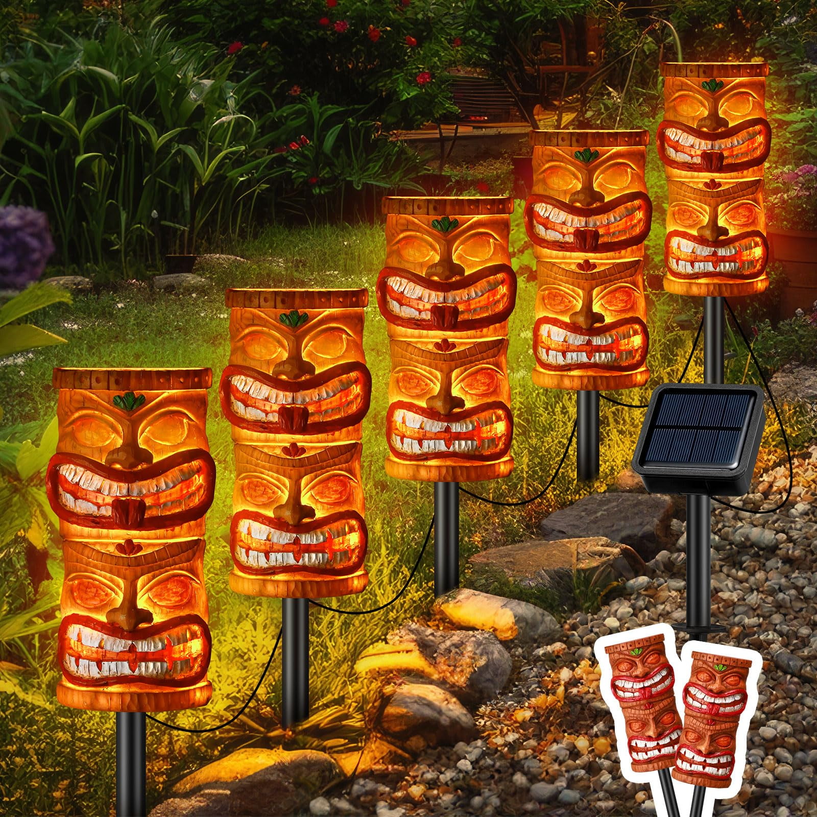 VIHOSE 5 Pcs AJH3 Solar Tiki Statue Outdoor Tiki Bar Decor Solar Power ...