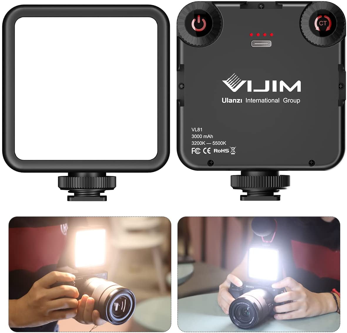 VIJIM Portable Rechargeable LED Video Light, Bi-color, 3 Cold Shoe ...