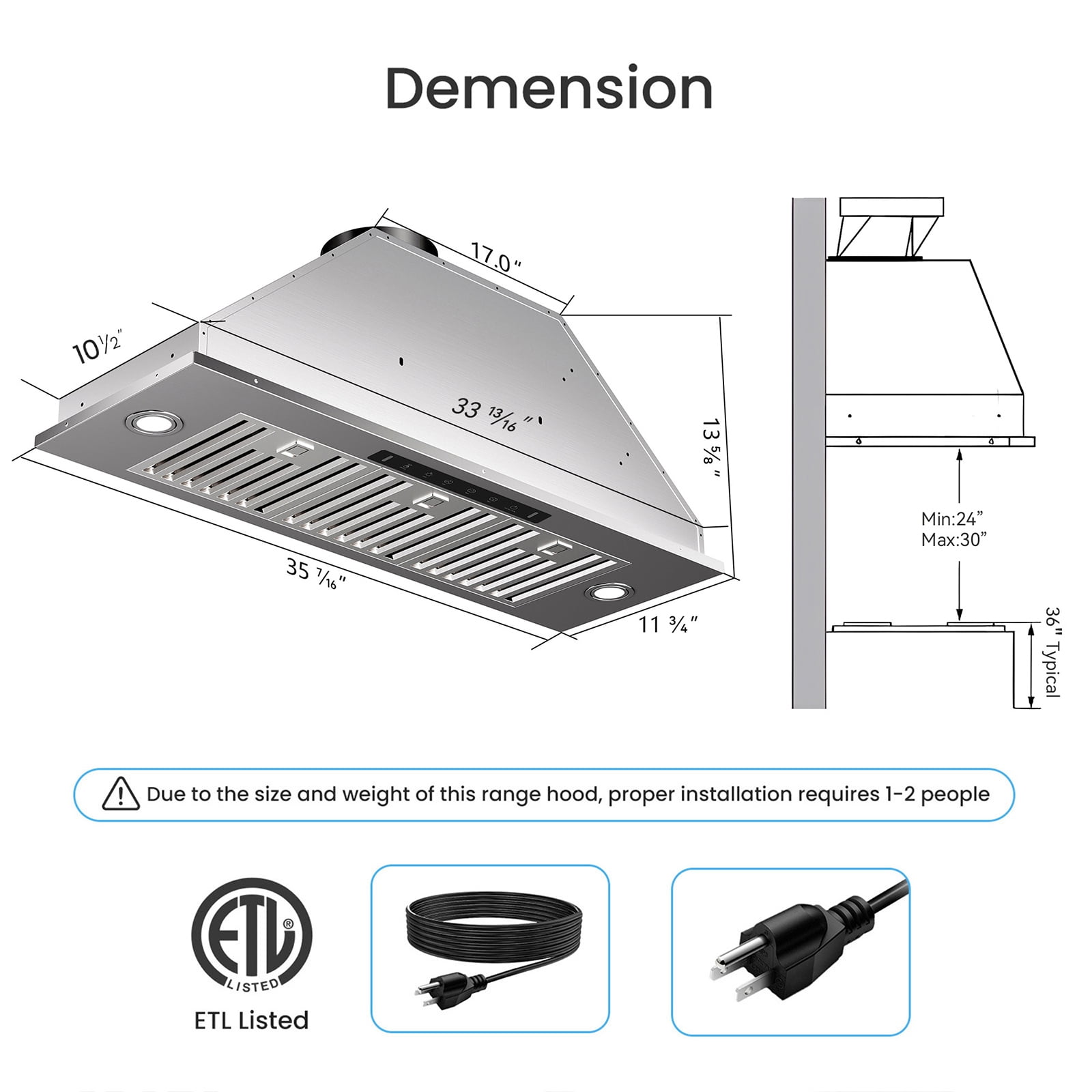 VIKIO 36" Under Cabinet Range Hood Insert 900 CFM Convertible Ducted to ...