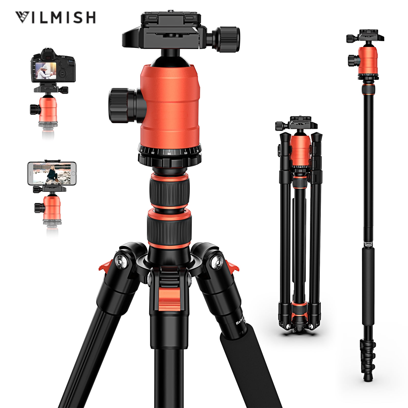 VILMISH 77" Tripod, Aluminum Camera Tripod Monopod,Foldable DSLR Tripod ...