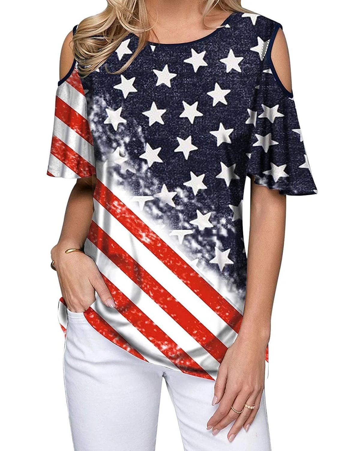 VILOVE Women American Flag Cold Shoulder Shirt 4th of July Patriotic ...