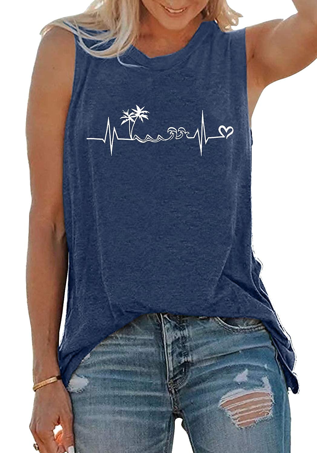 VILOVE Beach Heartbeat Graphic Tank Tops for Women Summer Sleeveless Vest Hawaiian Vacation ...