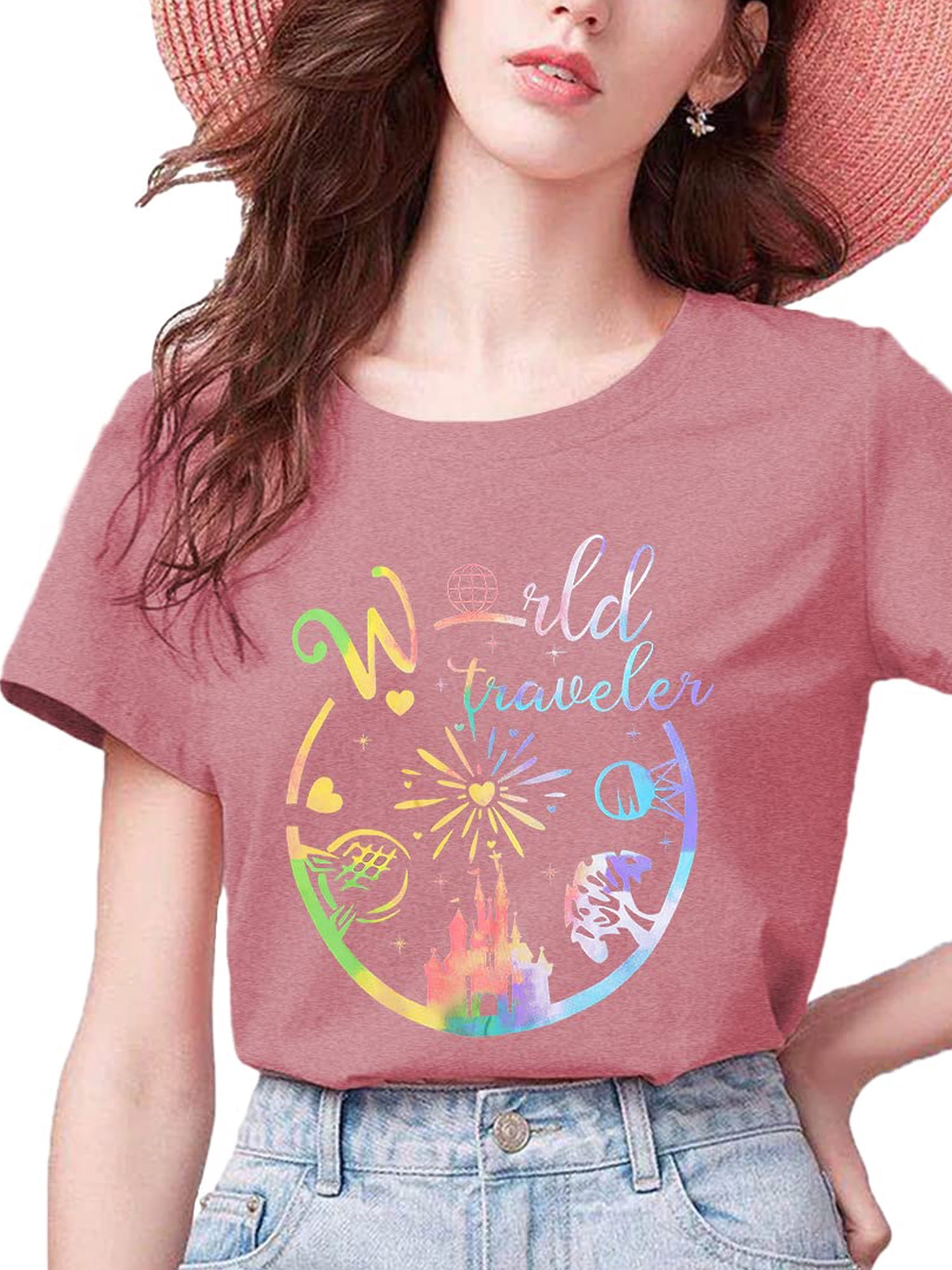 VILOVE Womens Summer Tops World Traveler Magic Kingdom Castle Graphic ...
