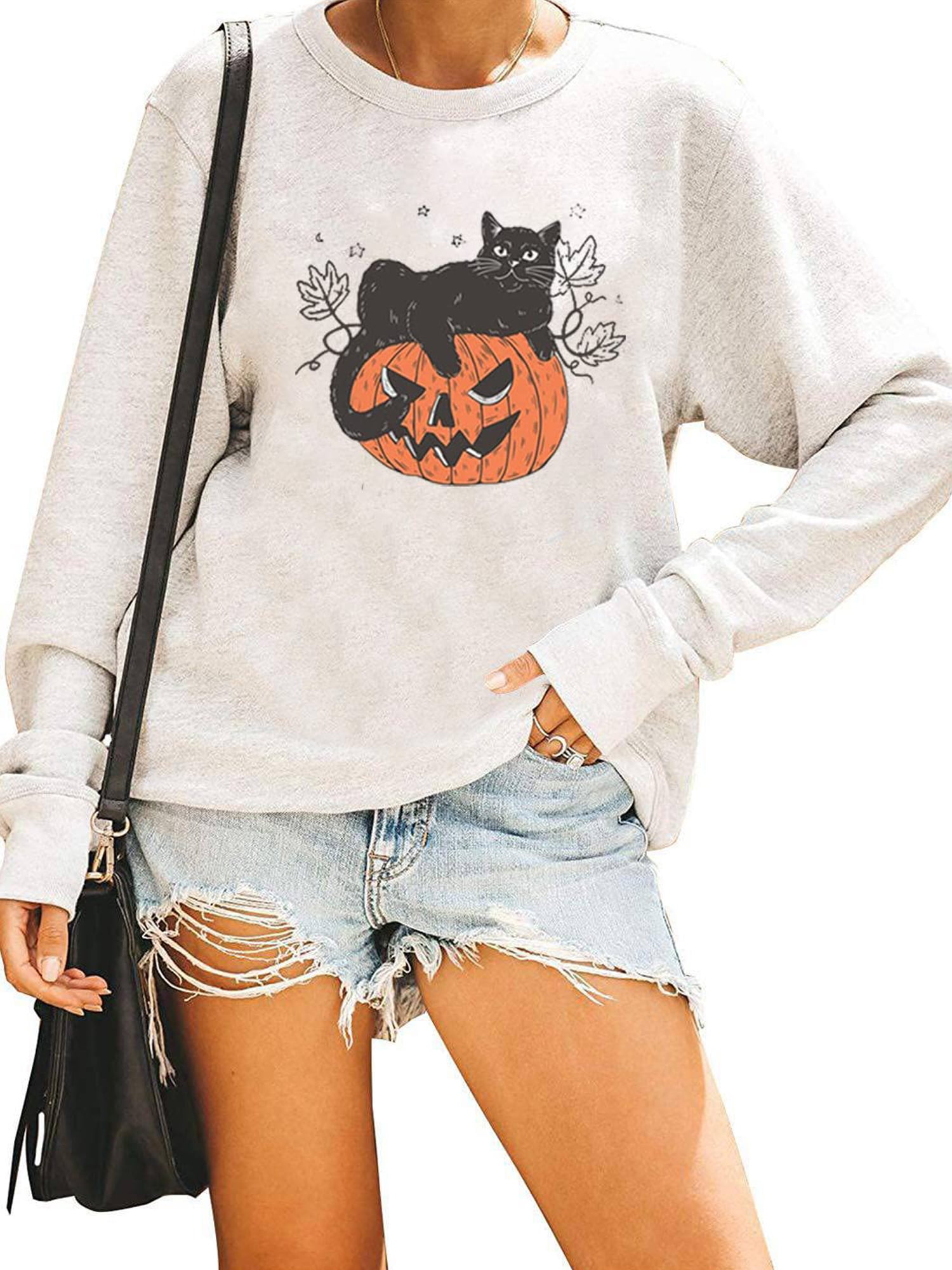 VILOVE Black Cat on Pumpkin Sweatshirt Women Fall Sweatshirt Funny ...