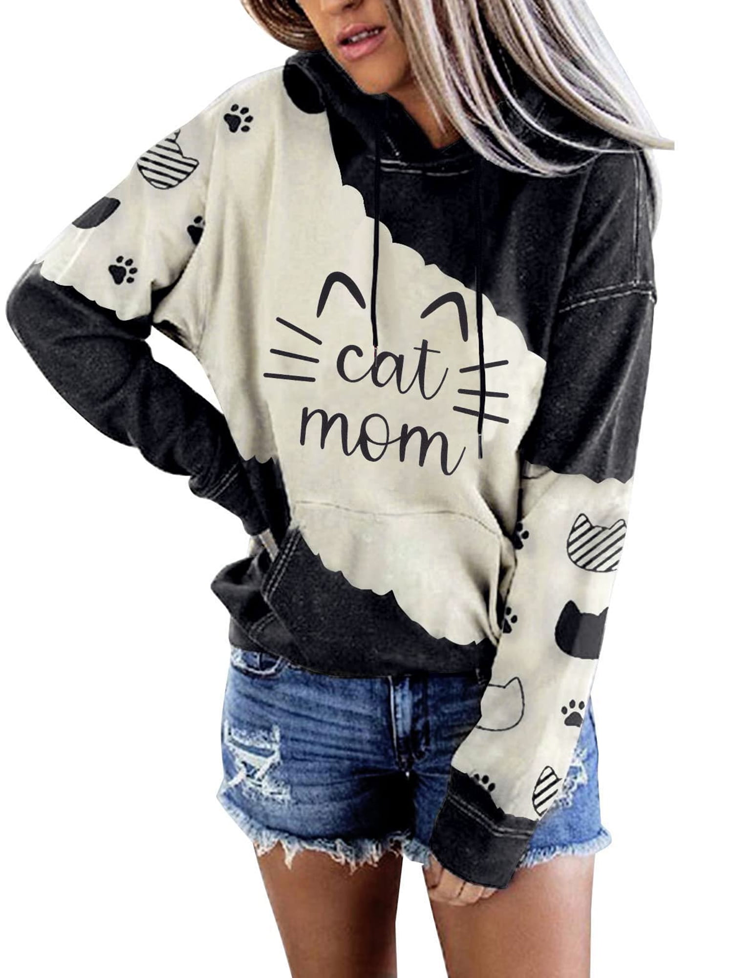 VILOVE Cat Mom Sweatshirt for Women Cute Cat Letter Print Long Sleeve ...