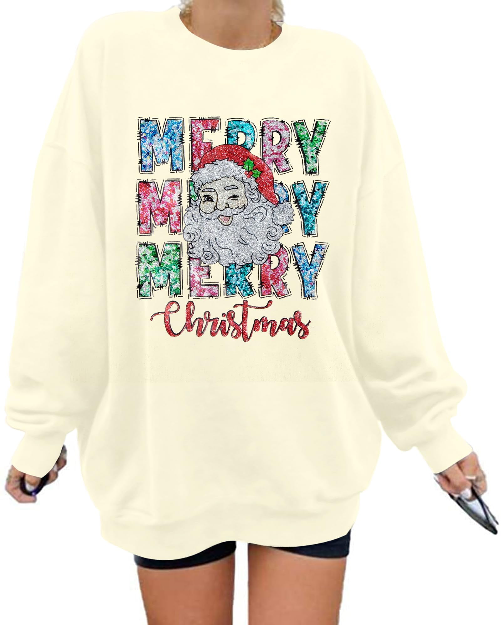 VILOVE Merry Christmas Sweatshirts for Women Santa Claus Print Long ...
