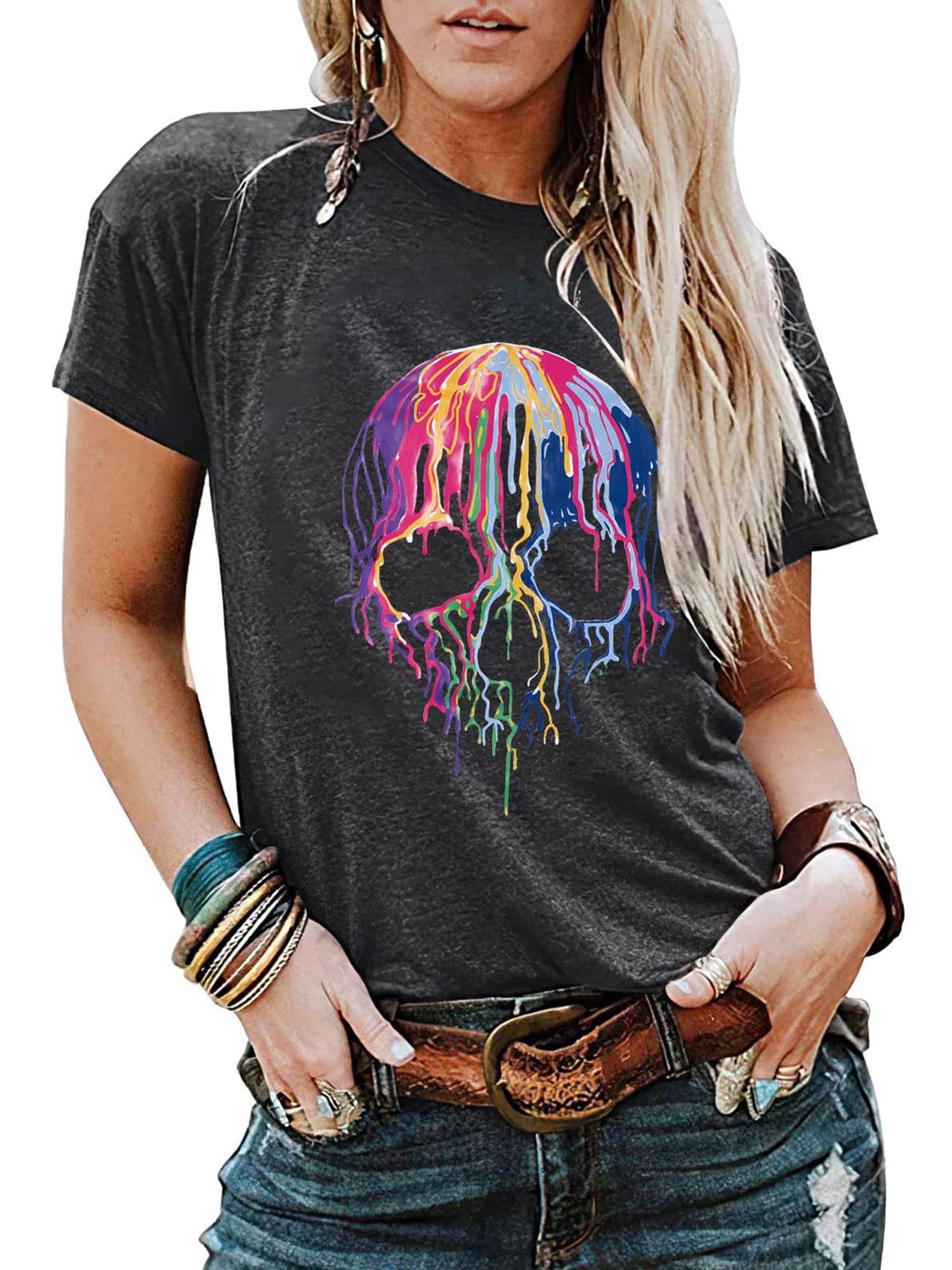 VILOVE Long Sleeve T-Shirt for Women, Halloween Skeleton Graphic Tee ...