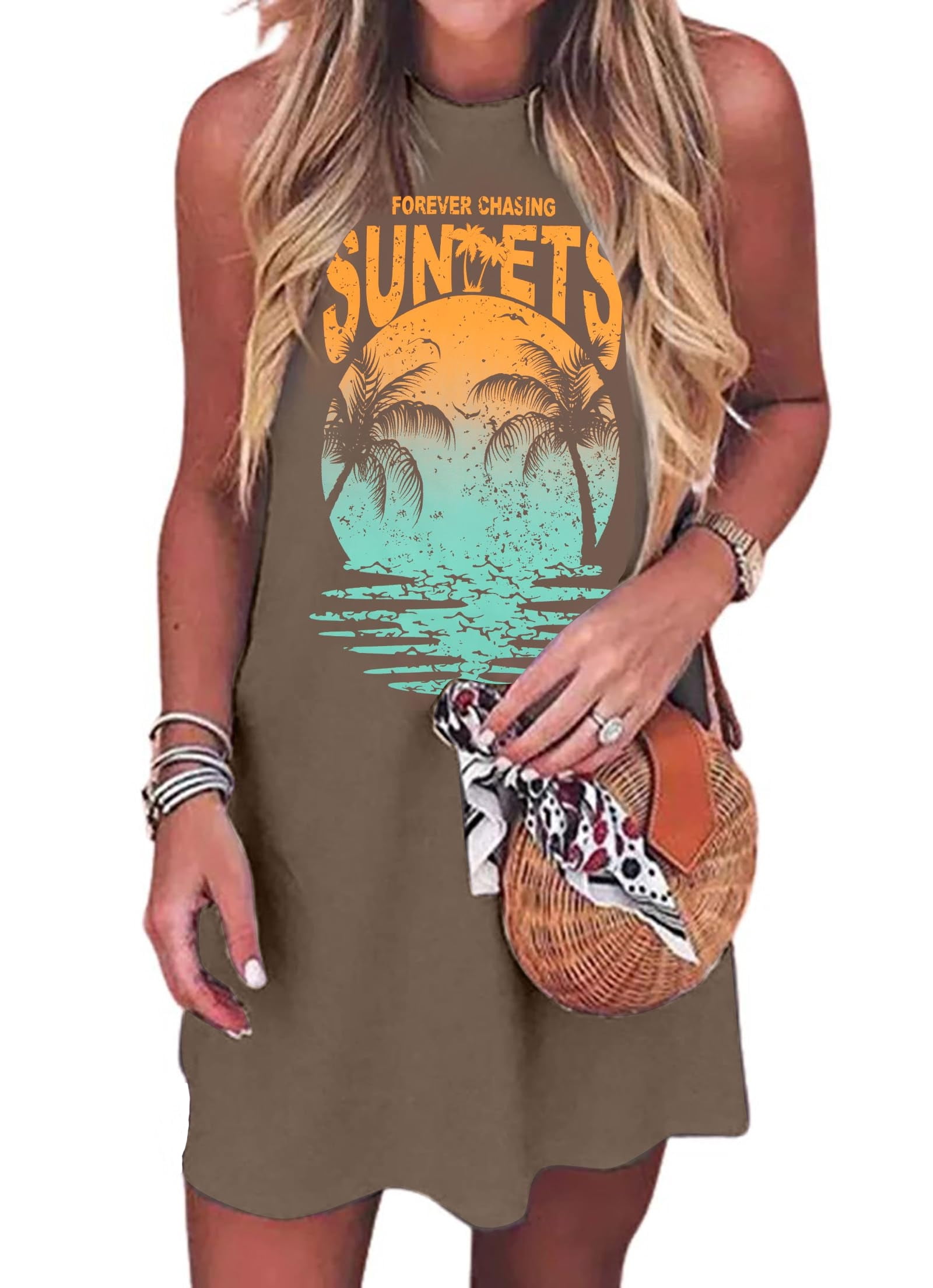 KimSoong Women Summer Sundress, Coconut Tree Graphic Mini Dress ...