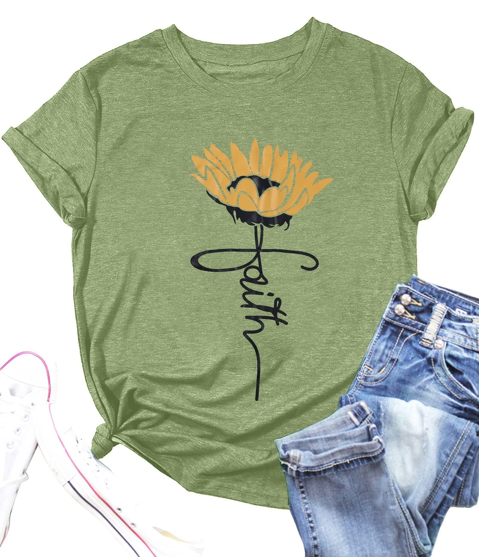 VILOVE Women Sunflower Graphic Crew Neck Summer T-Shirt, Short Sleeve ...
